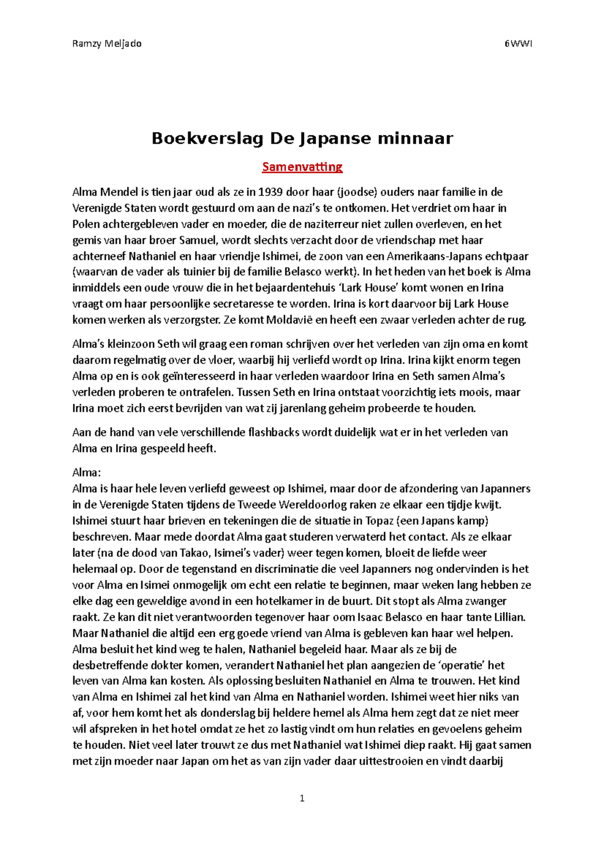 Boekverslag: De Japanse Minnaar - Boekverslag De Japanse minnaar ...