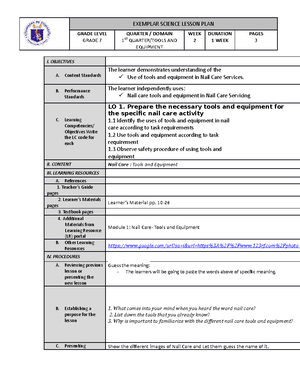 DLL TLE 7 - TLE 7 NAIL CARE - EXEMPLAR SCIENCE LESSON PLAN GRADE LEVEL ...