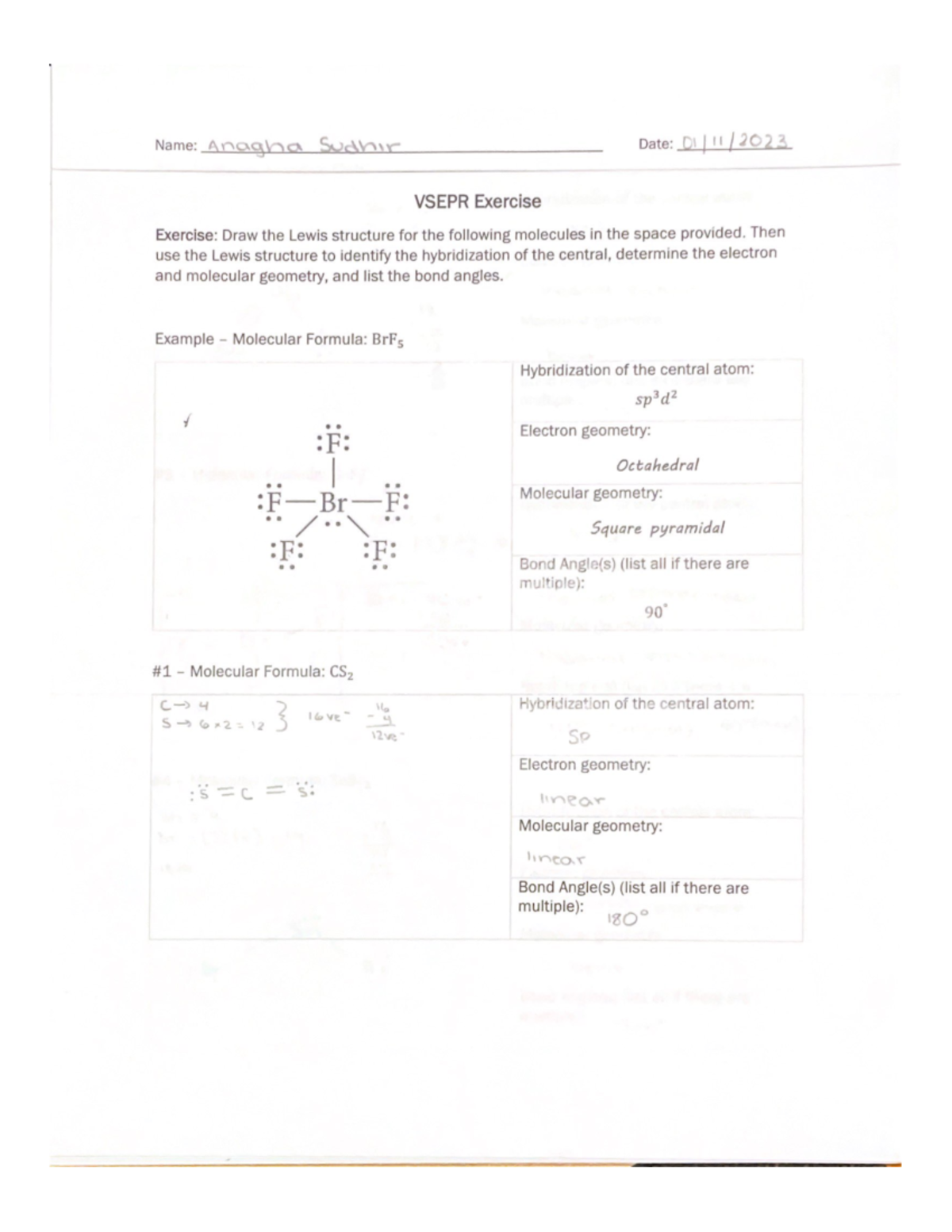 Vsepr Exercise - Here is the vespr assignment - CHEM 1310 - Studocu
