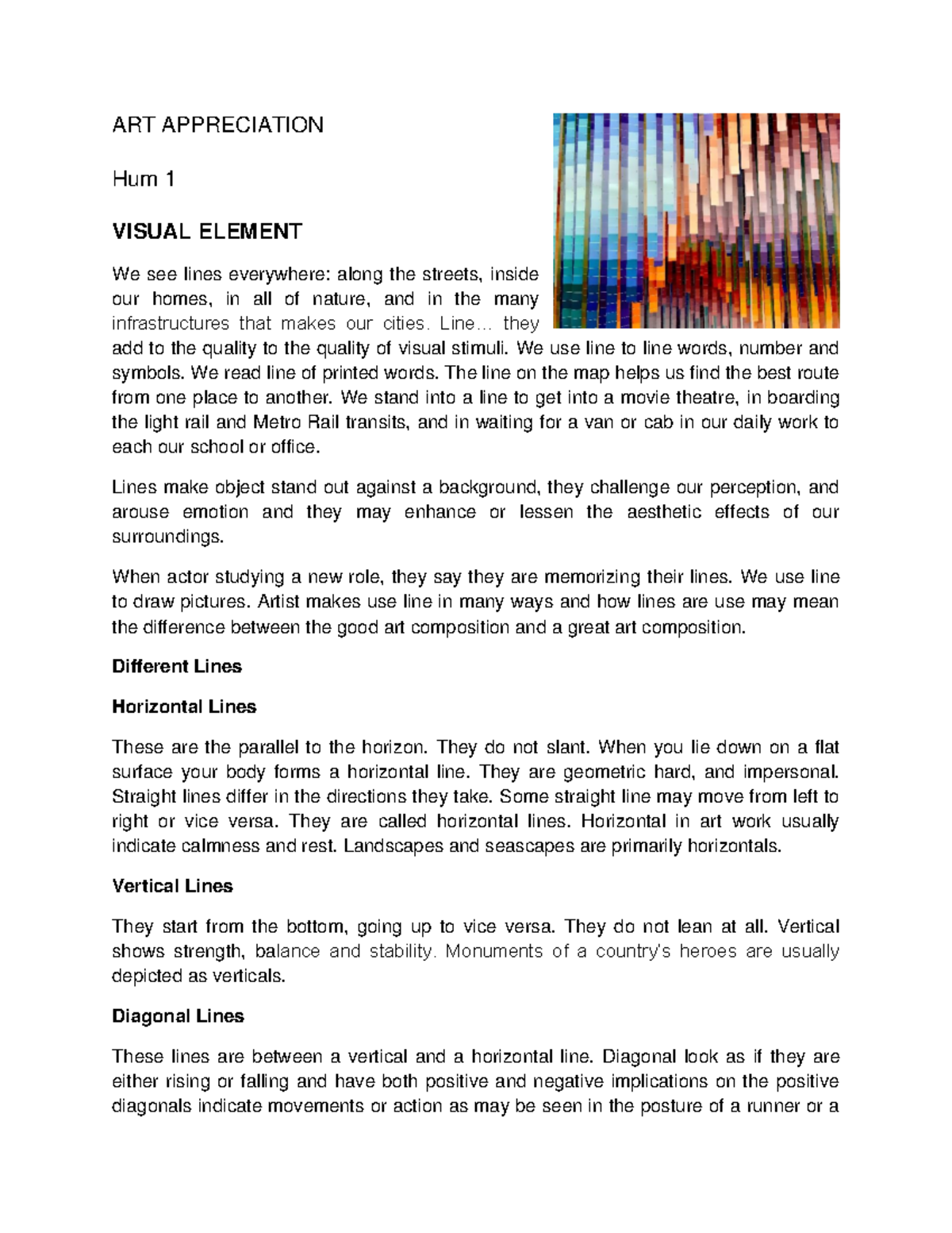 Art Appreciation Hum 1 - Visual Element - ART APPRECIATION Hum 1 VISUAL ...