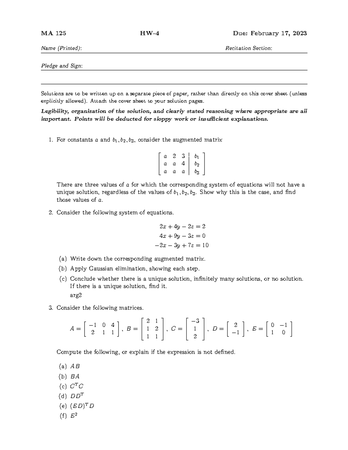 Ma125 23S1 HW4 - Professor: Denis Serbin - MA 125 HW-4 Due: February 17 ...