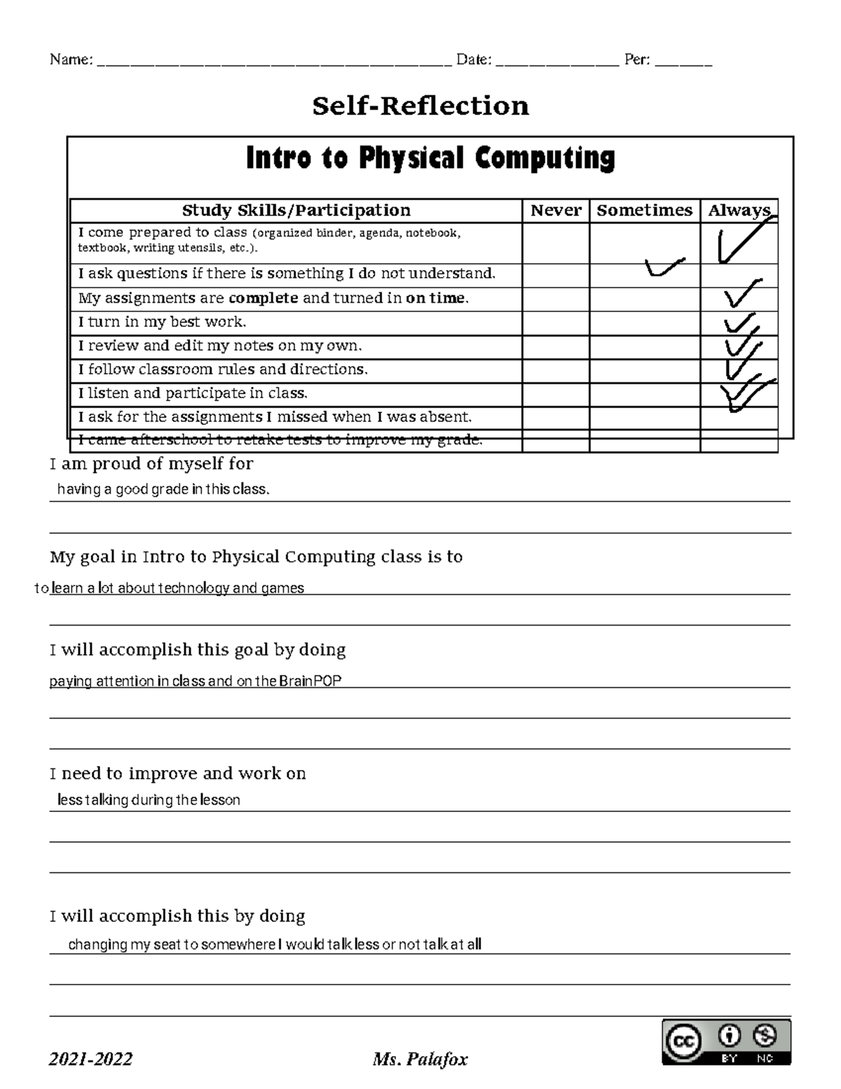 IPC Student Self Reflection SP22 - 2021 - 2022 Ms. Palafox Name: - Studocu
