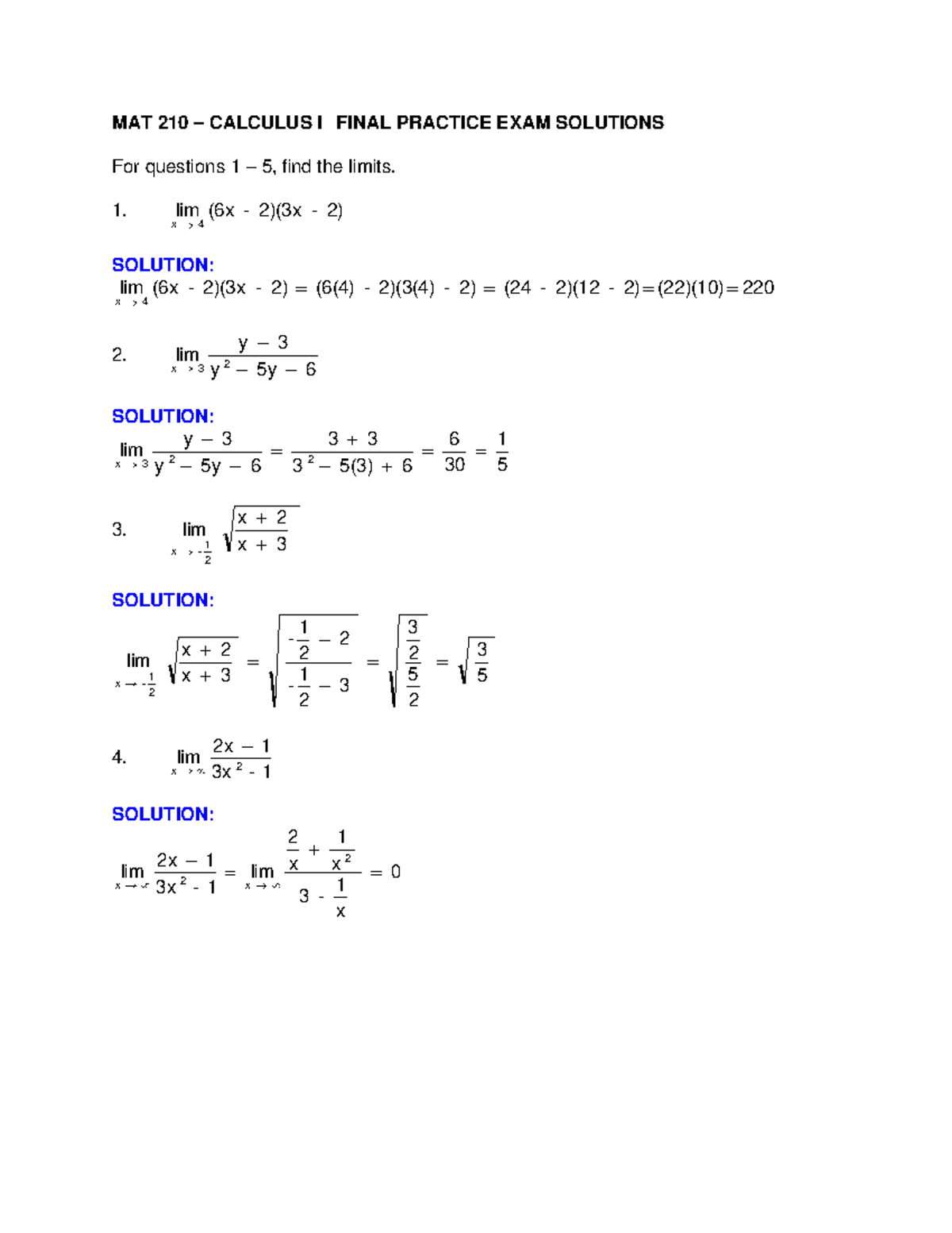 MAT 210 - Calculus I final practice exam solutions - MAT 210 – CALCULUS ...