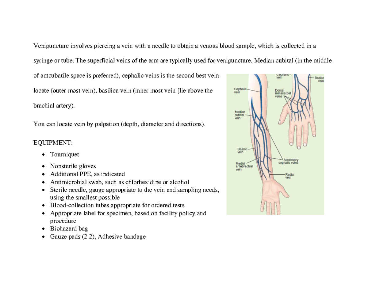 Venipuncture to obtain a venous blood sample - Venipuncture involves ...