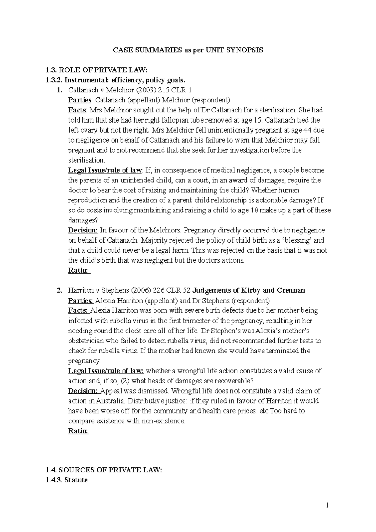 Case Notes Private Law 2018 - CASE SUMMARIES as per UNIT SYNOPSIS ROLE ...