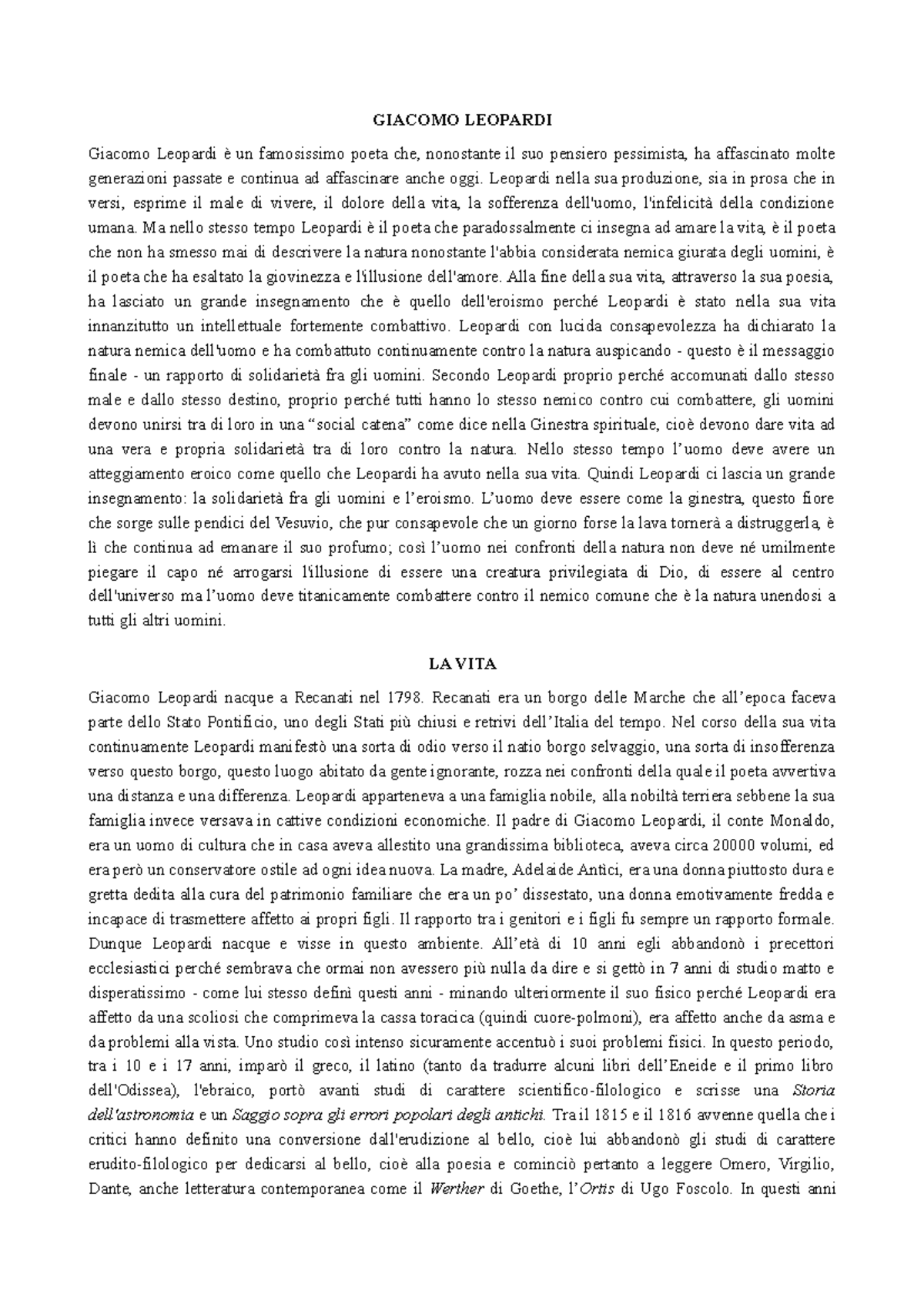 Giacomo Leopardi - GIACOMO LEOPARDI Giacomo Leopardi è un famosissimo ...