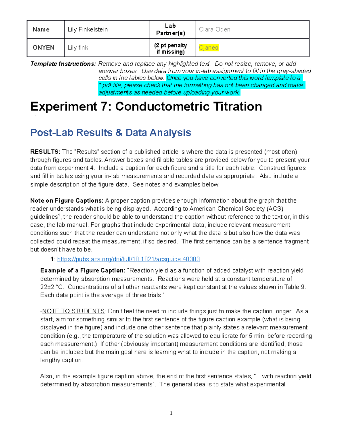 Post Lab experiment 7 Conducting Titration - Name Lily Finkelstein ...