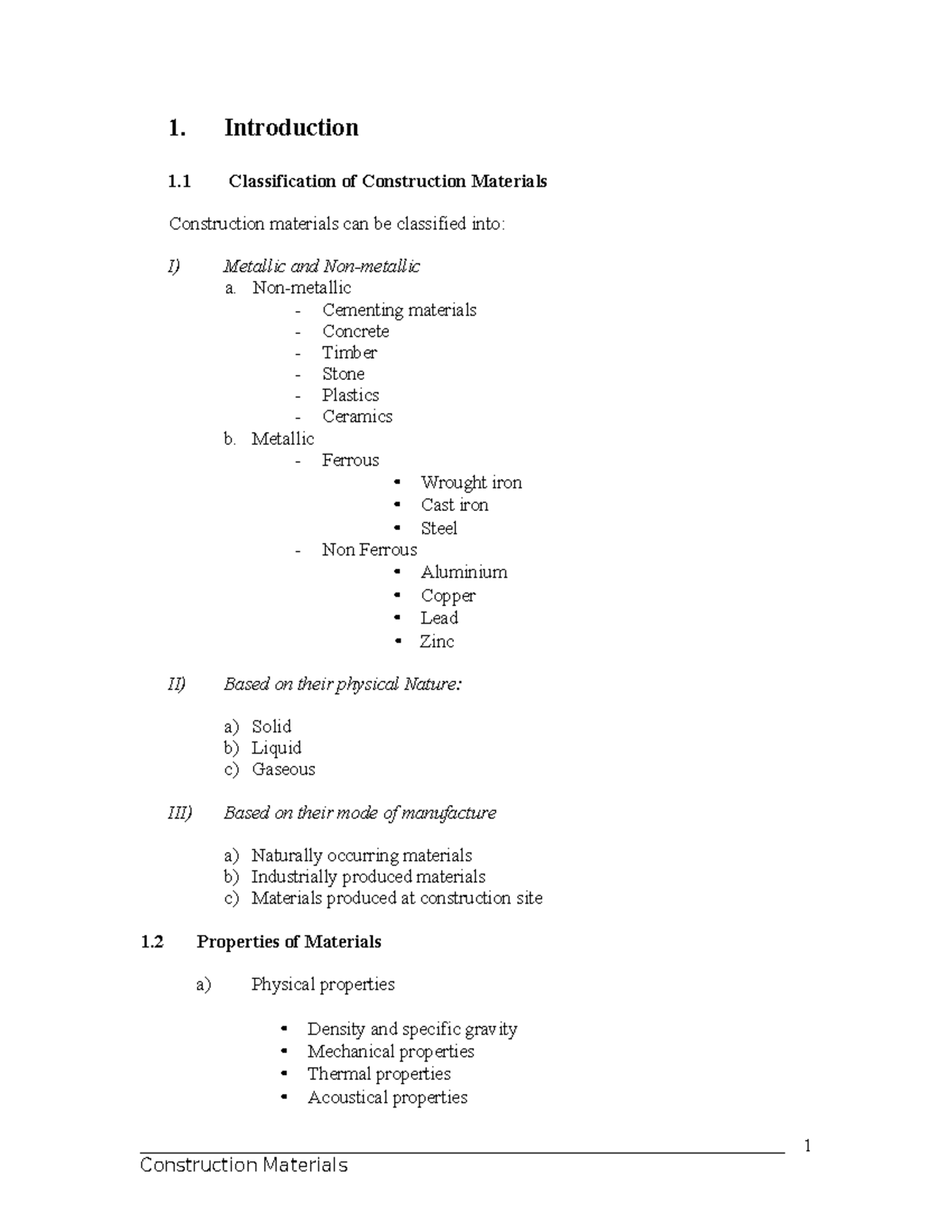 Chapter 1 - 1 Construction Materials 1. Introduction 1 Classification ...