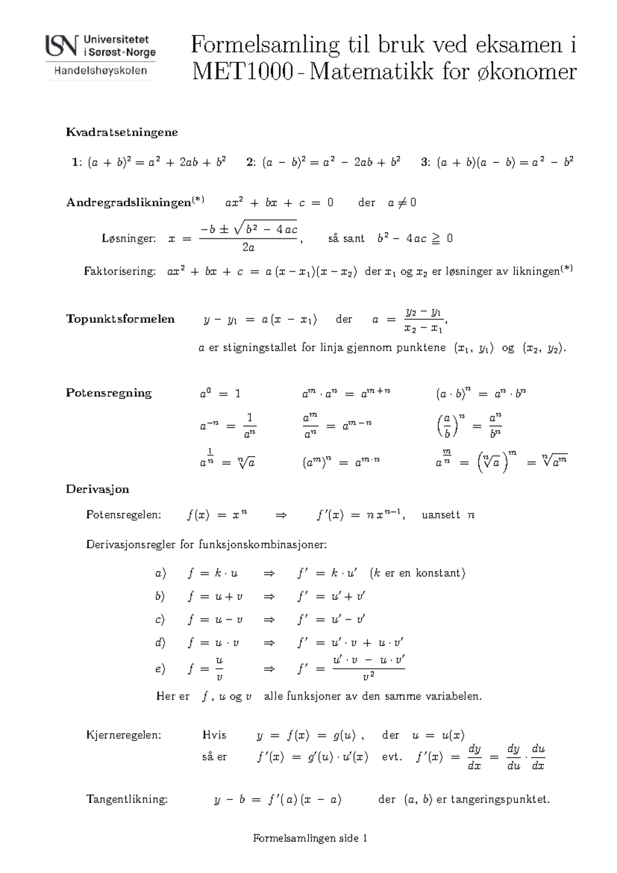 Formelsamling Ny H 24 - formelark - Formelsamling til bruk ved eksamen i MET1000 - Matematikk ...