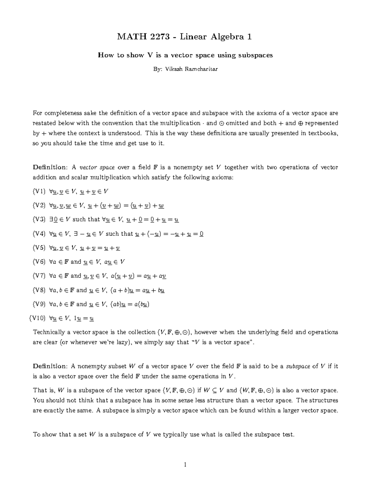 Vector spaces and subspace test - MATH 2273 - Linear Algebra 1 How to ...