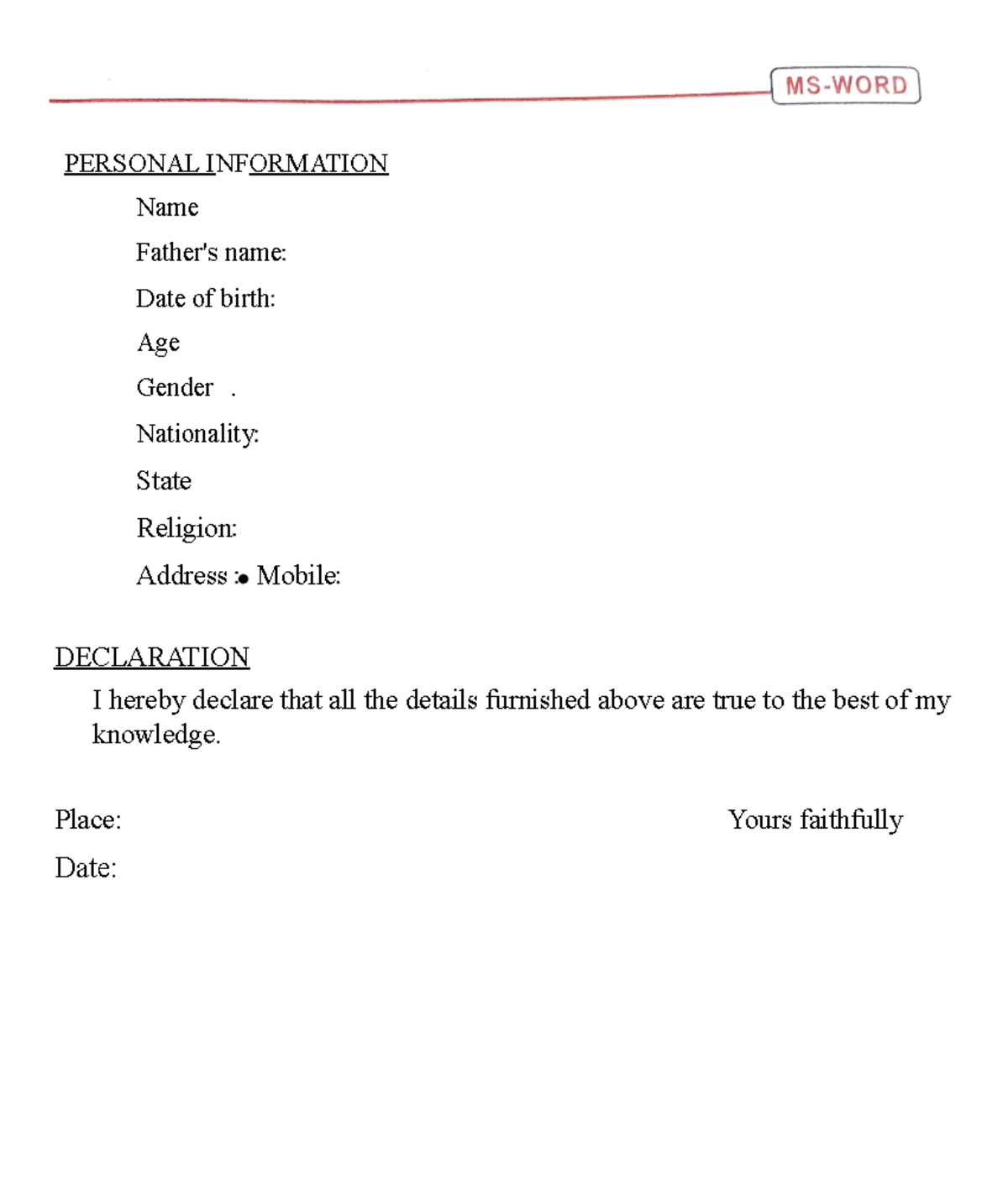 Ms word practical - PERSONAL INFORMATION Name Father's name Date of ...