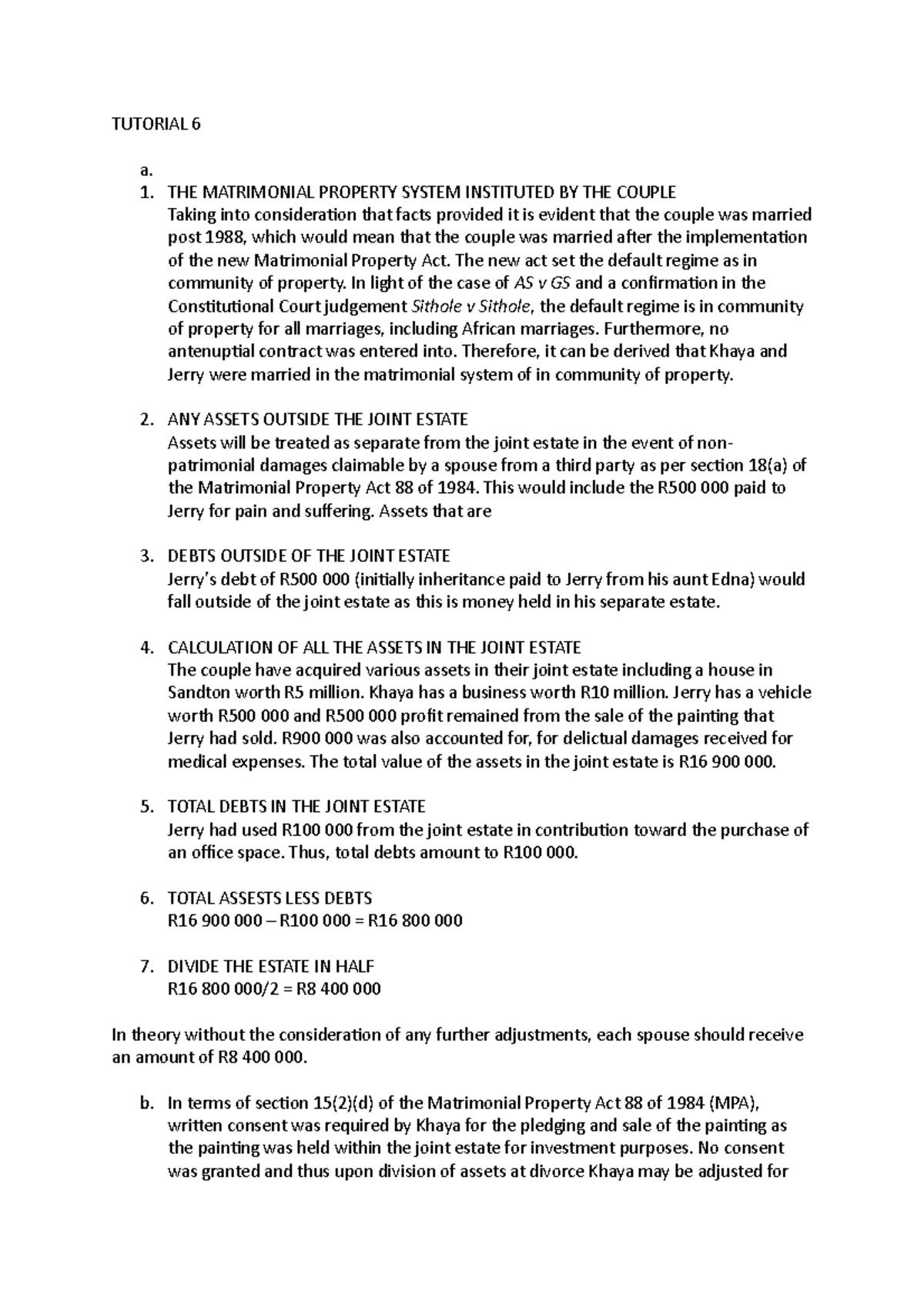 Tutorial - TUTORIAL 6 a. THE MATRIMONIAL PROPERTY SYSTEM INSTITUTED BY ...