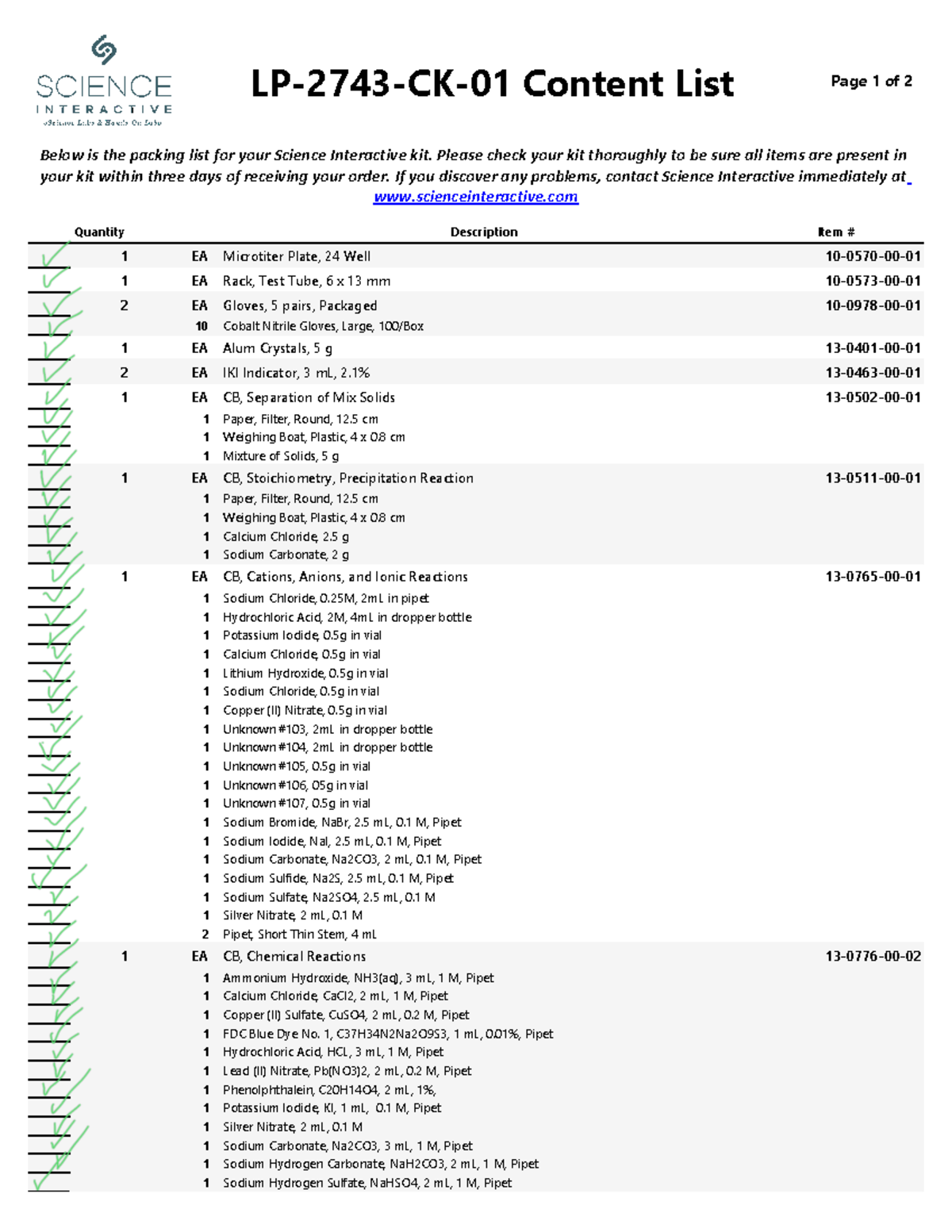 CHM+1025+Lab+Kit+Content+List+LP 2743 CK 01+Spring+2023 - Quantity ...