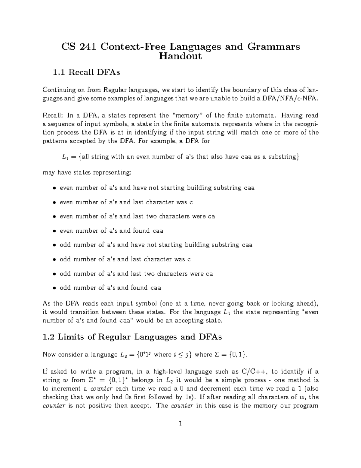 09-CFGNotes - CS 241 Context-Free Languages and Grammars Handout 1 ...