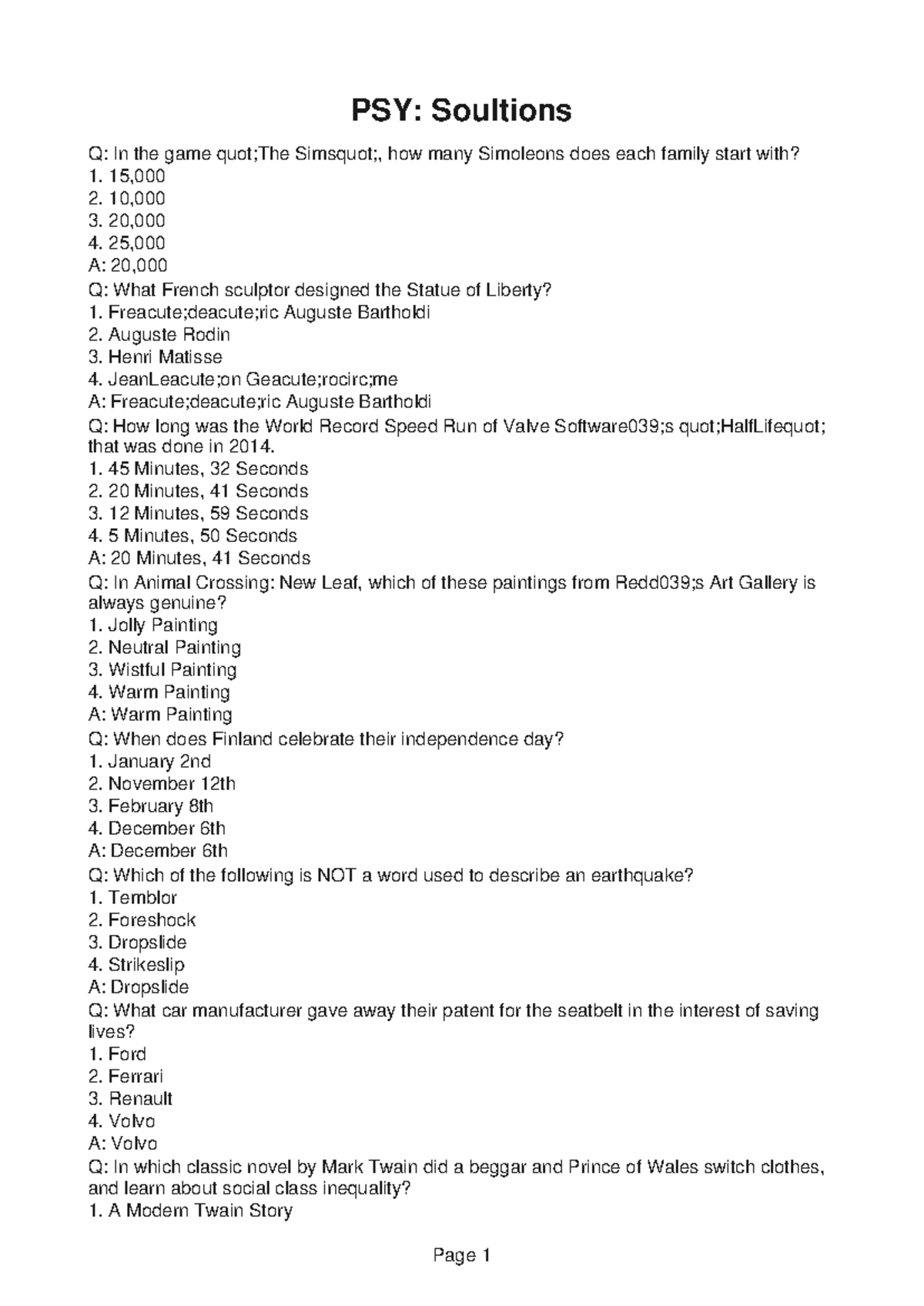 PSY122-Document-2685 - PSY: Soultions Q: In the game quot;The Simsquot ...