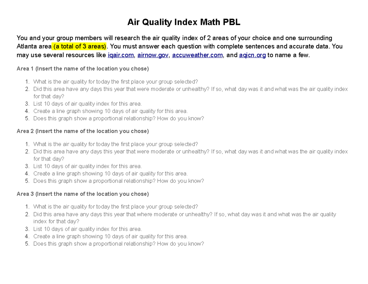 Air Quality Index Math PBL - You must answer each question with ...