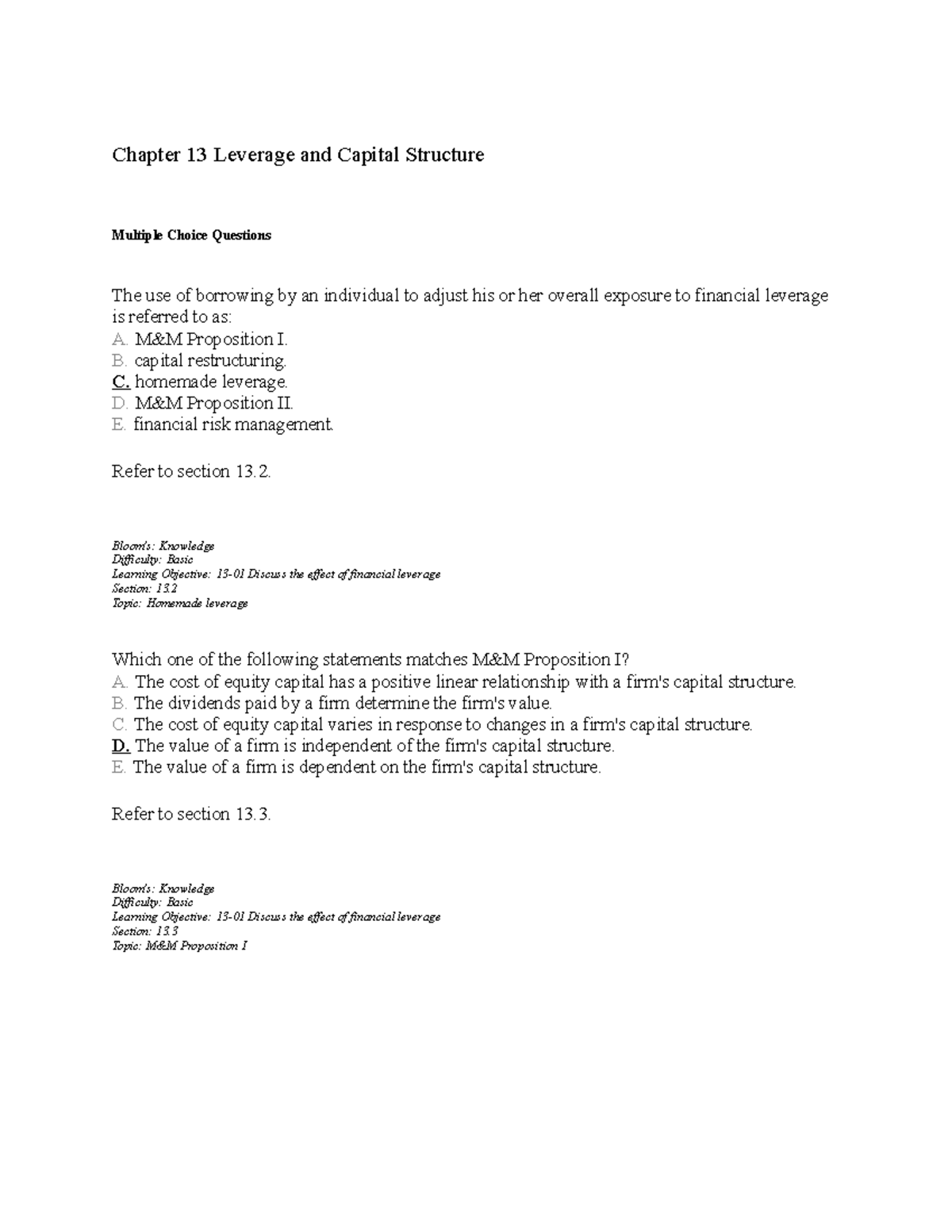 Chapter 13 Leverage and Capital Structure Multiple Choice Questions - M ...