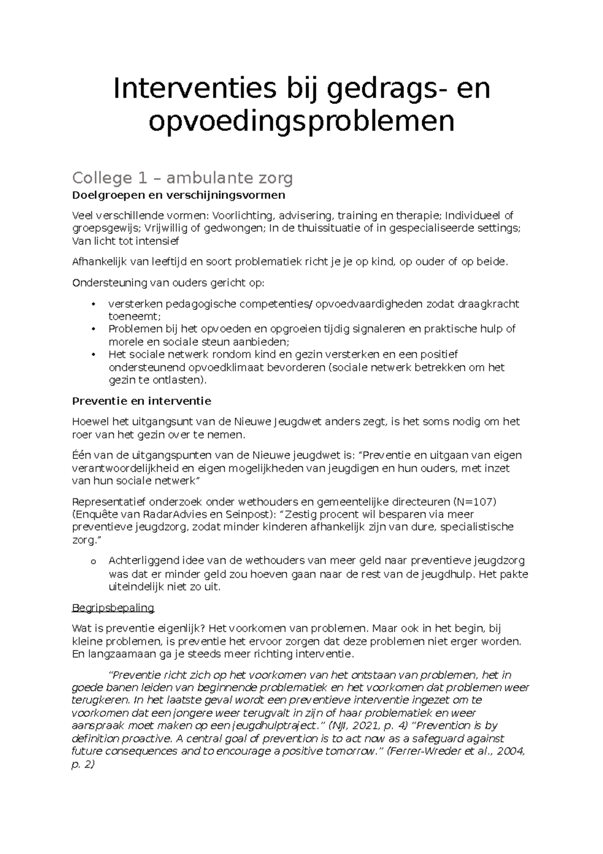 Interventie gedrags- en opvoedingsproblemen college 1 - Ondersteuning ...