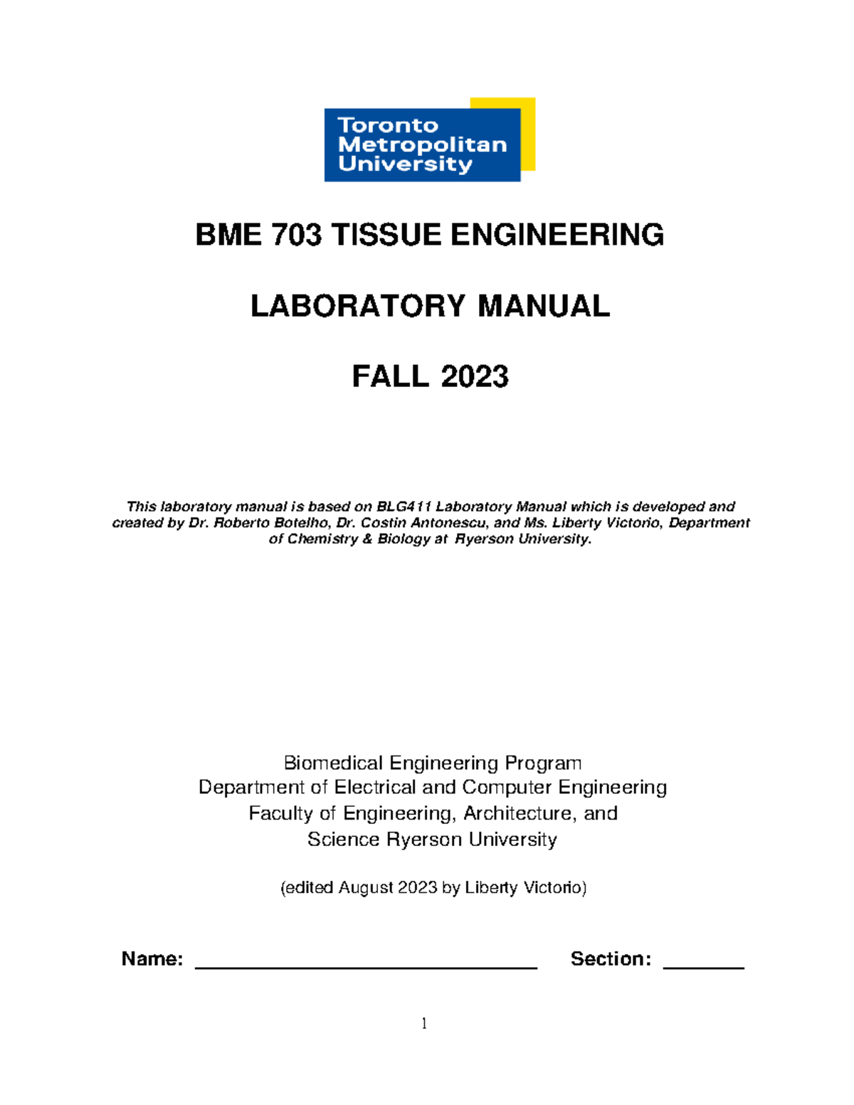 BME703 F23 Lab Manual - Labs - BME 703 TISSUE ENGINEERING LABORATORY MANUAL FALL 2023 This - Studocu