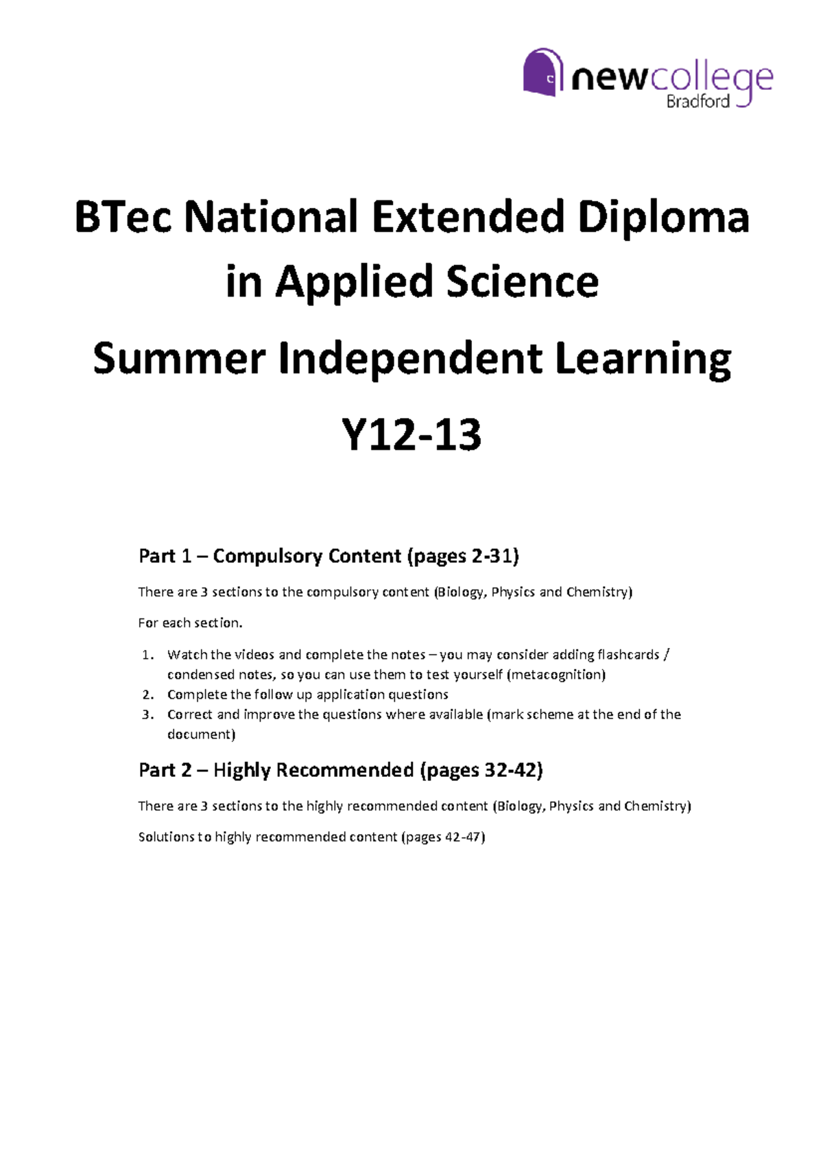 NCB Y12 13 Applied General Science Extended Diploma Triple SIL 2023 ...