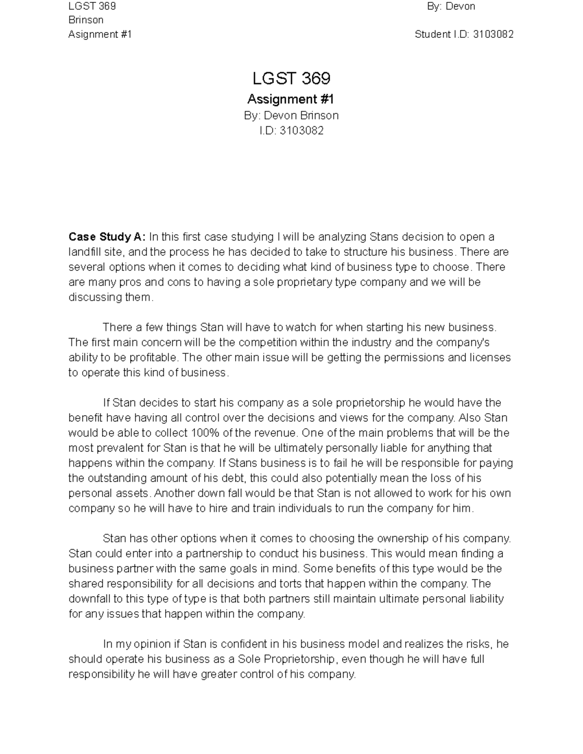 LGST 369 Assignment 1 - LGST 369 By: Devon Brinson Asignment #1 Student ...