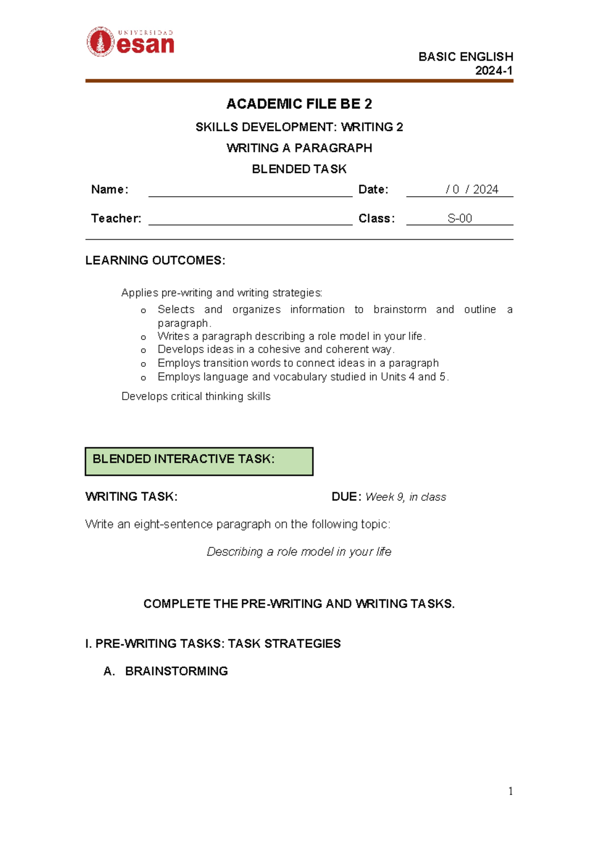 AF BE 2 Writing Blended TASK 2024-1 - 202 4- ACADEMIC FILE BE 2 SKILLS ...