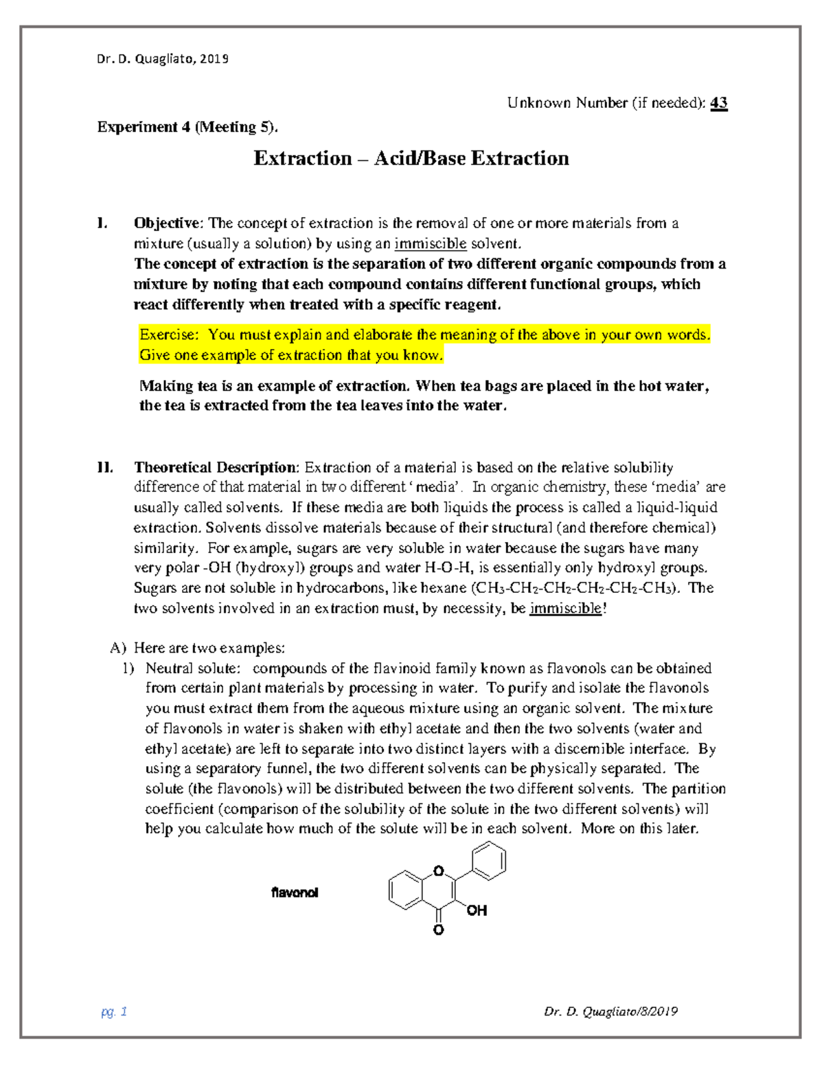 Extraction Lab Report - Unknown Number (if needed): 43 Experiment 4 (Meeting 5). Extraction ...
