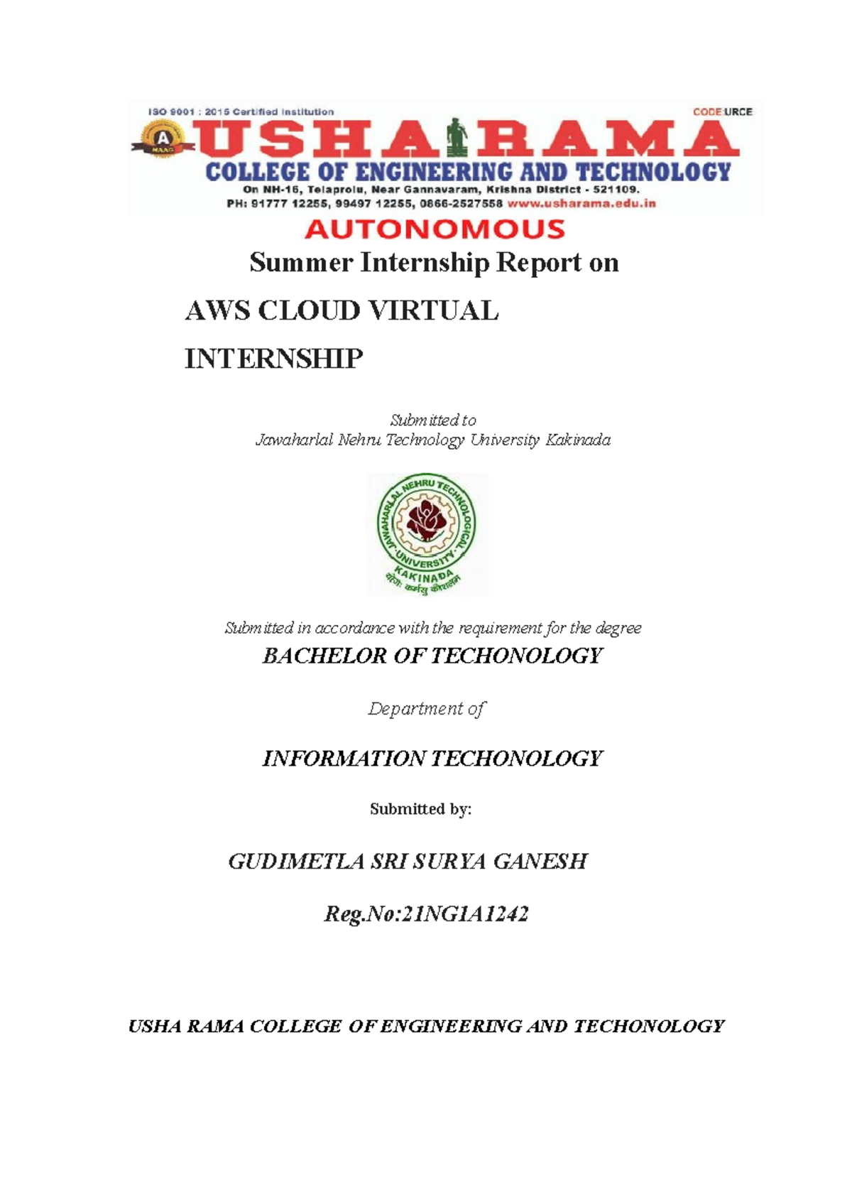 Cloud - Pdf - Summer Internship Report on AWS CLOUD VIRTUAL INTERNSHIP Submitted to Jawaharlal ...