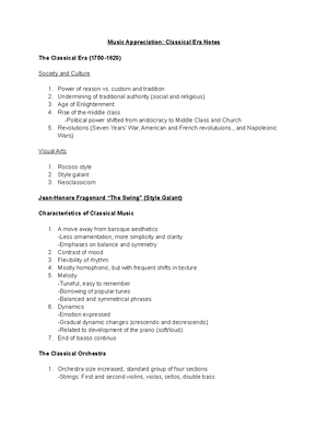 The Classical Style Class Notes - Music Appreciation: Classical Era The ...