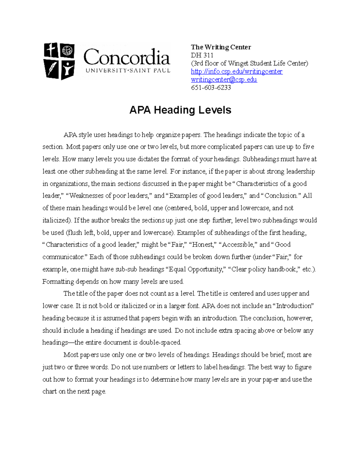Apa-heading-levels - lecture notes - The Writing Center DH 311 (3rd ...