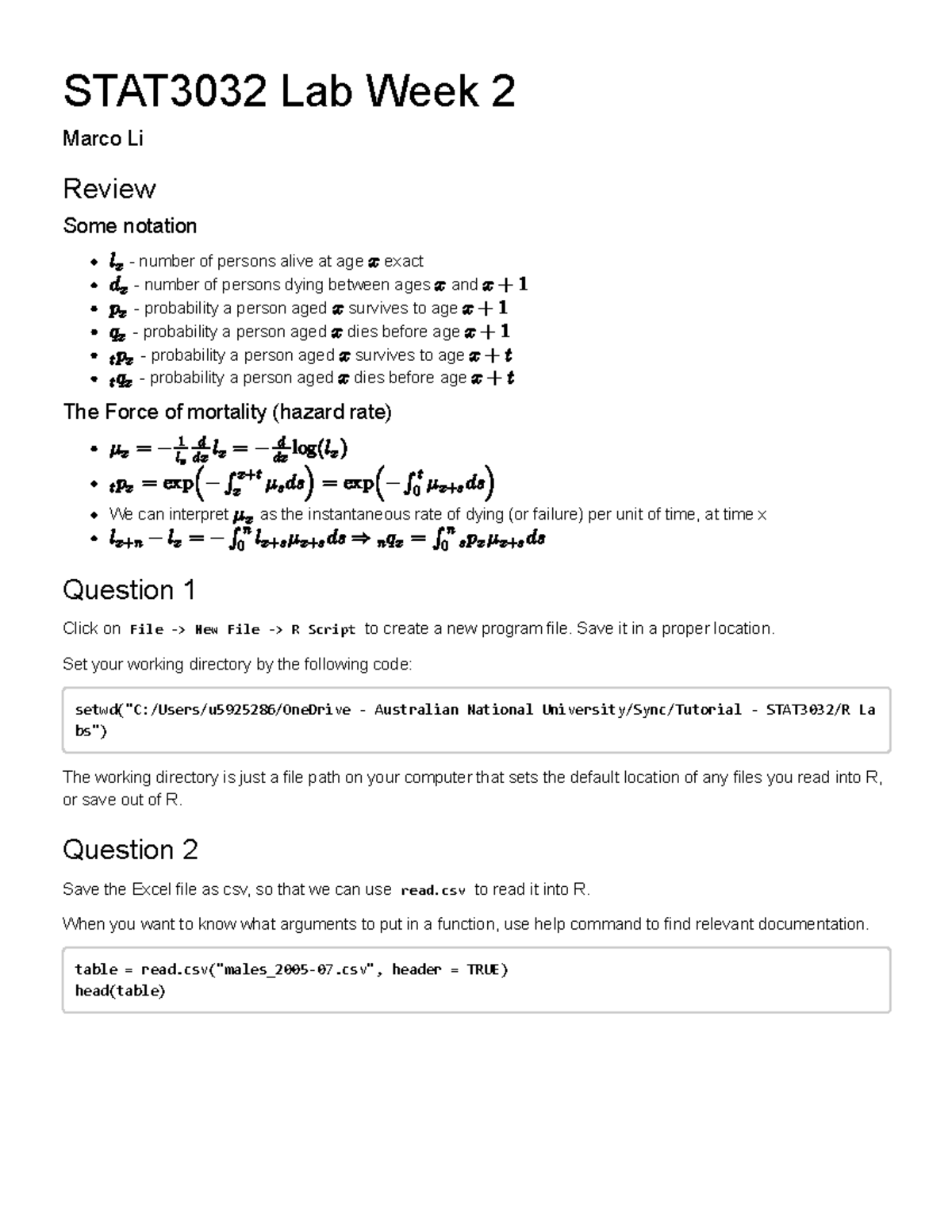 STAT3032 Lab Week 2 - week2 - STAT3032 Lab Week 2 Marco Li Review Some ...