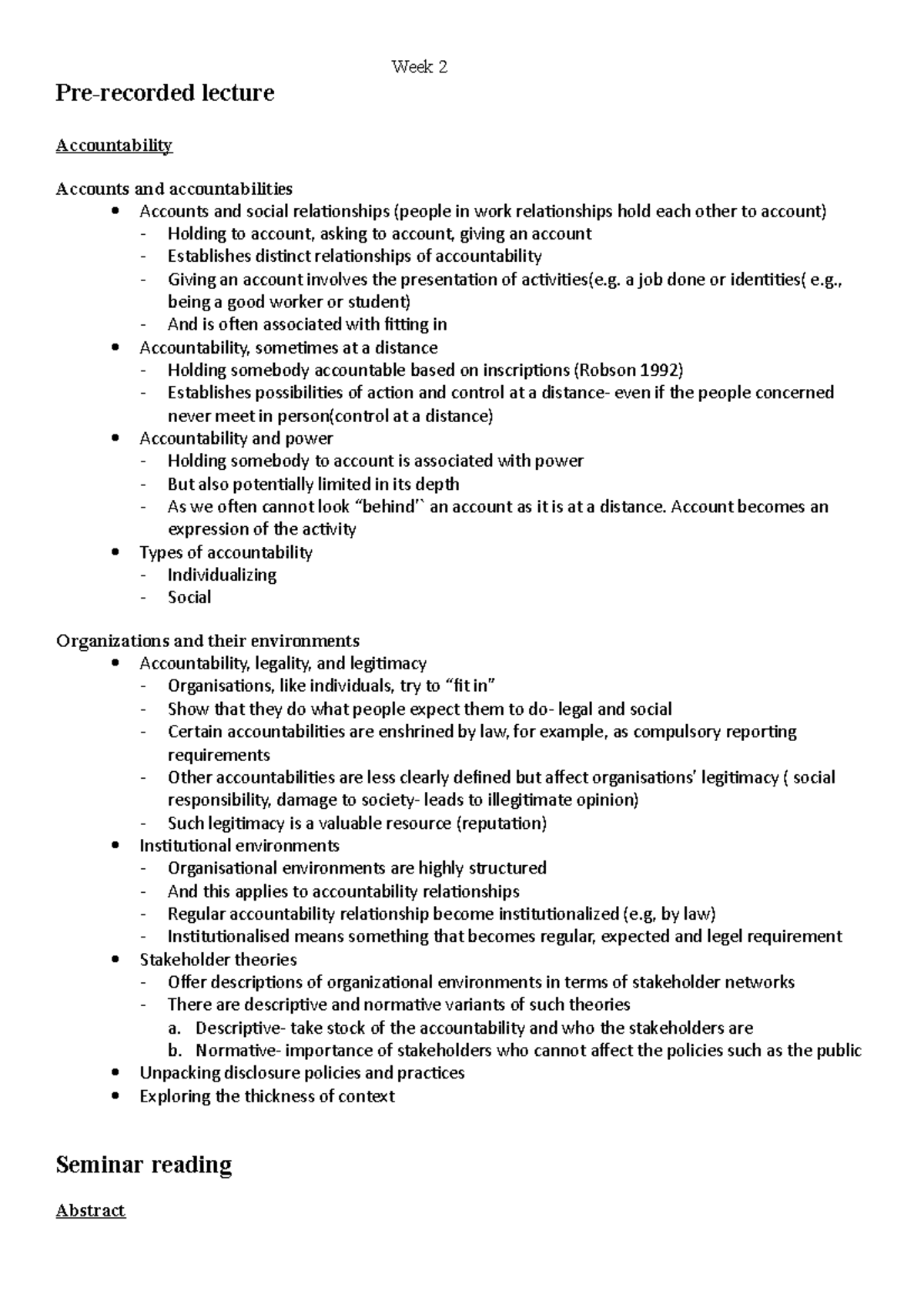 Week 2 - Week 1 lecture notes and readings - Week 2 Pre-recorded ...