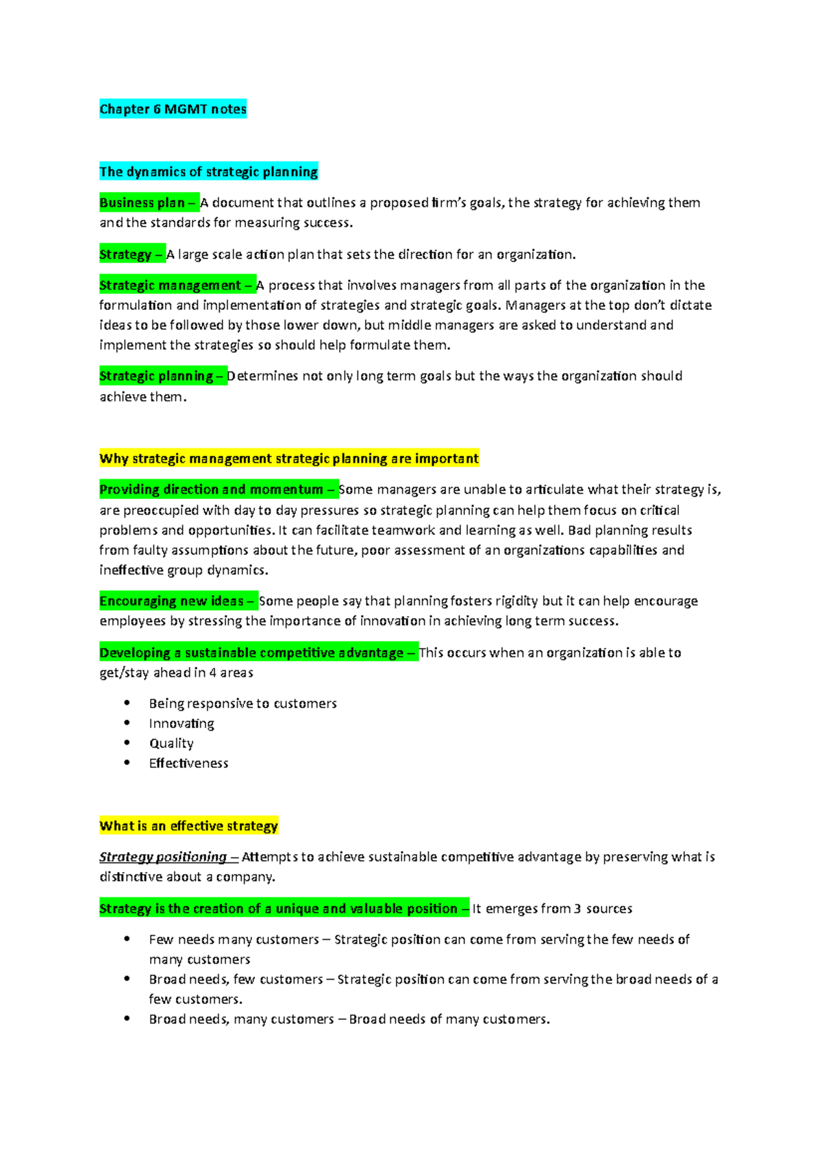 Chapter 6 MGMT notes - Chapter 6 MGMT notes The dynamics of strategic ...