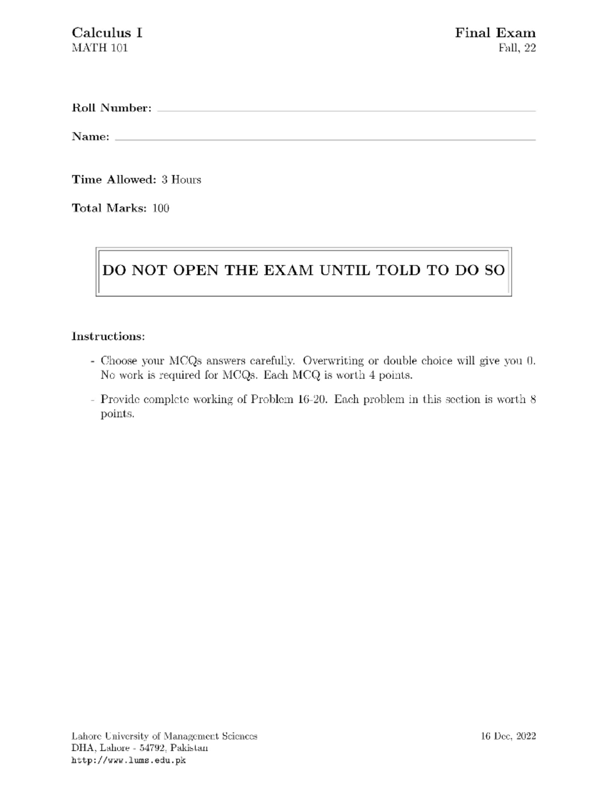 Final Exam Fall 22 Math 101 Key - Part I For what value of a can the ...