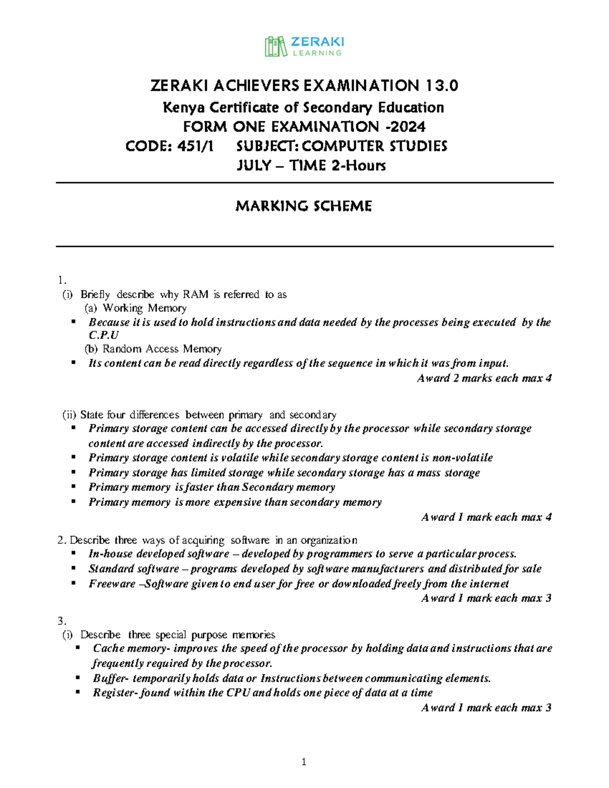 Computer Studies Marking Scheme Zeraki Achievers 13.0 - July 2024 ...