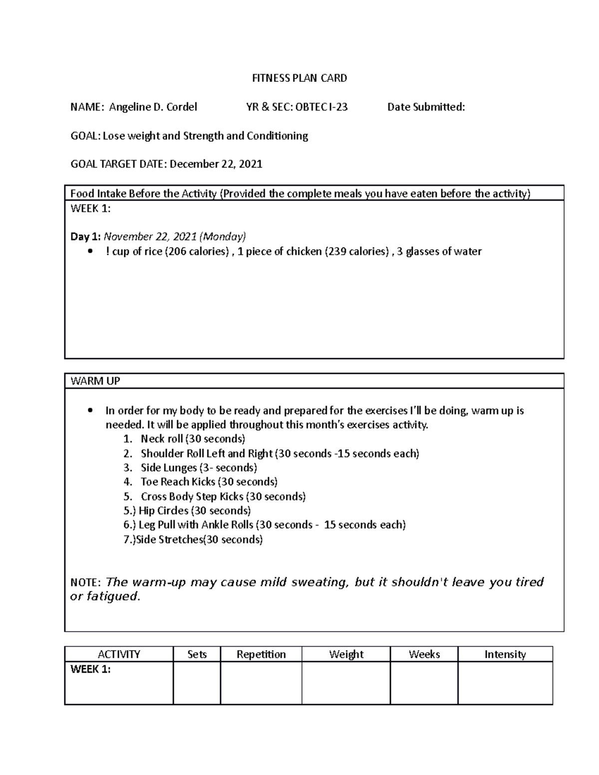 Fitness PLAN CARD - FITNESS PLAN CARD NAME: Angeline D. Cordel YR & SEC ...