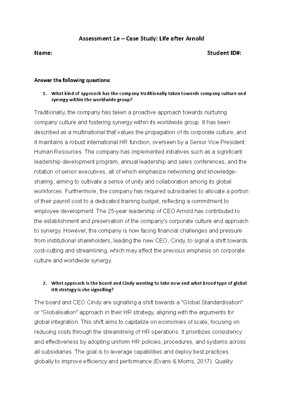 MGTS 3603 Assessment 1e - Life after Arnold Case Study - Assessment 1e – Case Study: Life after ...