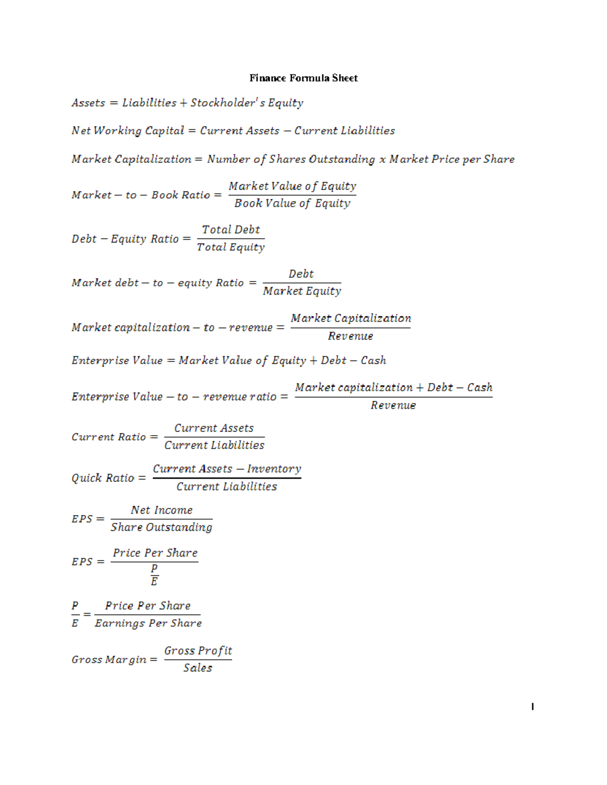 FNAN522 Finance Formula Sheet - Warning: TT: undefined function: 32 Warning: TT: undefined ...