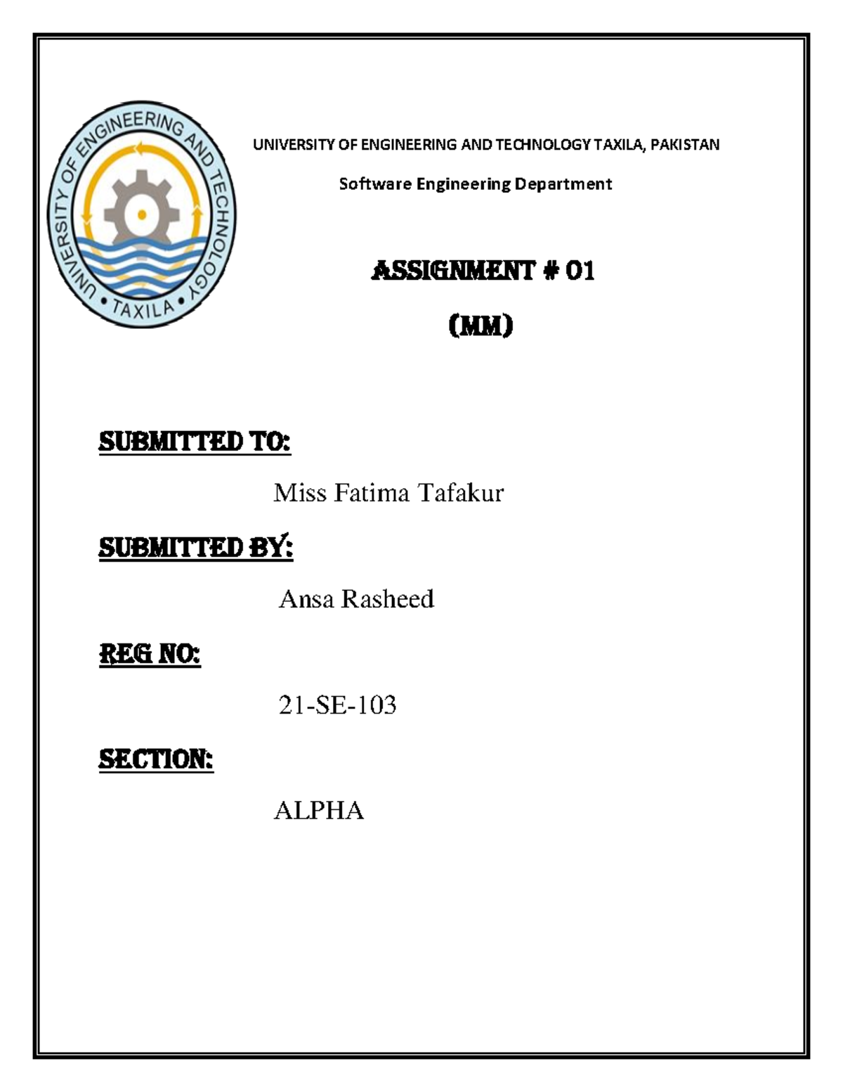 MM (Assignment # 01) - UNIVERSITY OF ENGINEERING AND TECHNOLOGY TAXILA ...