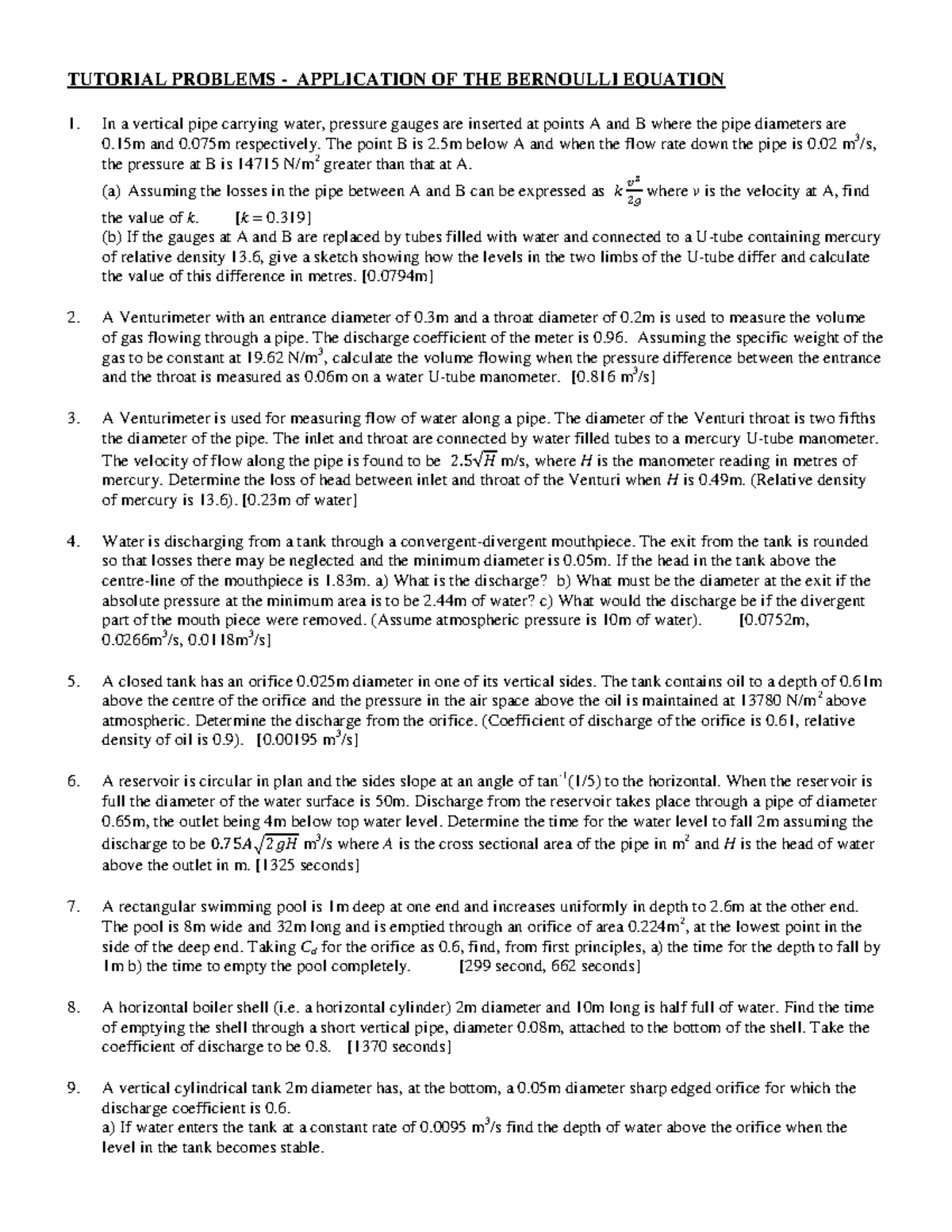 Application OF THE Bernoulli Equation - Tutorial Problems - TUTORIAL ...