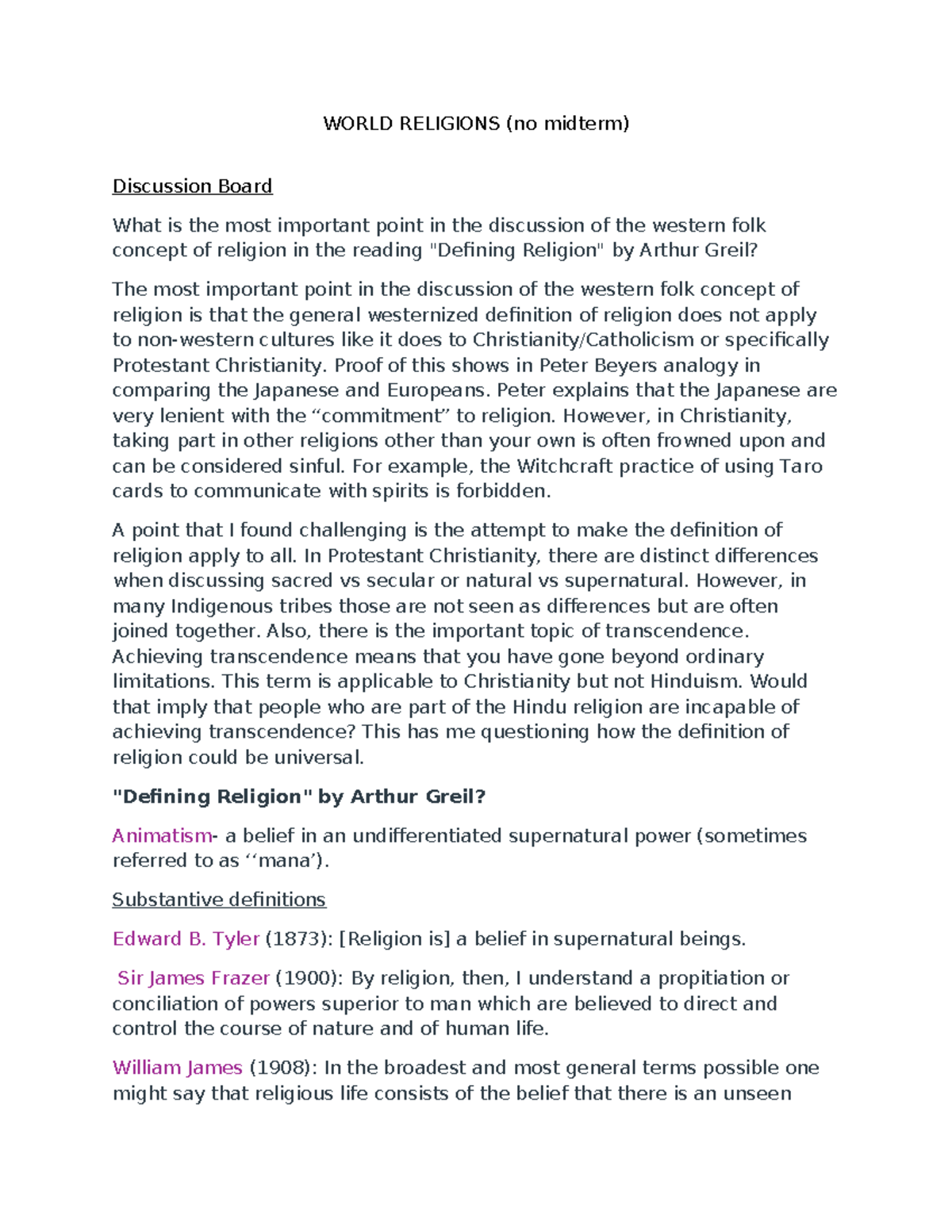 World religions - WORLD RELIGIONS (no midterm) Discussion Board What is ...