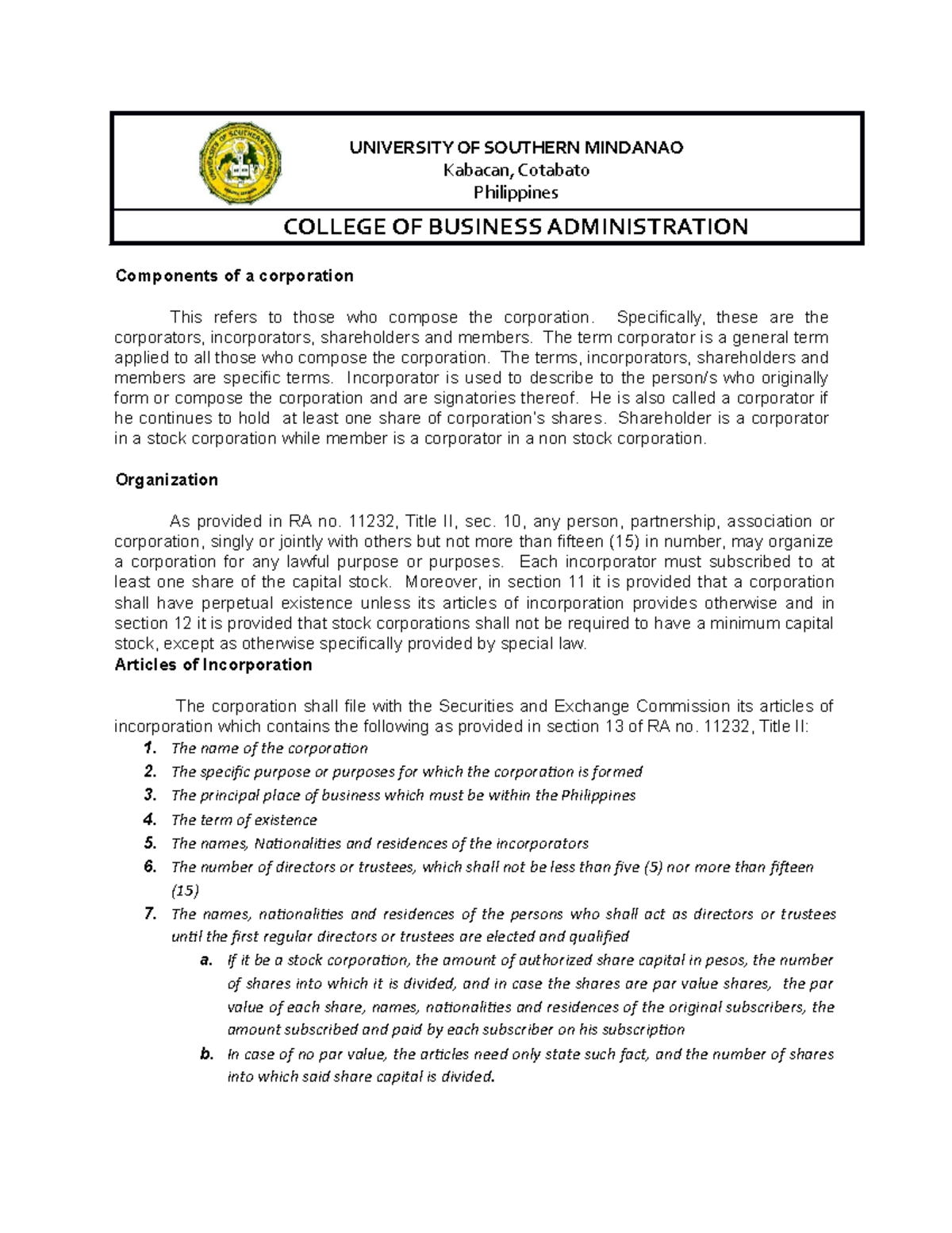 Notes ON Corporation - UNIVERSITY OF SOUTHERN MINDANAO Kabacan ...