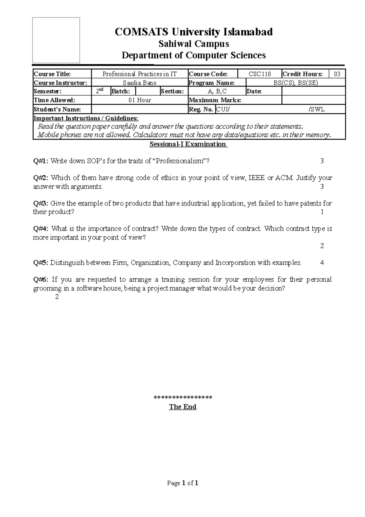 OOP Sessional 1 paper - COMSATS University Islamabad Sahiwal Campus Department of Computer ...