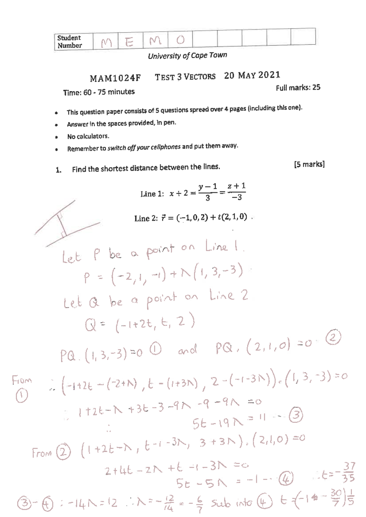 MAM1024F 2021 Test 3 Vectors Thu Solutions - MAM1021S - UCT - Studocu
