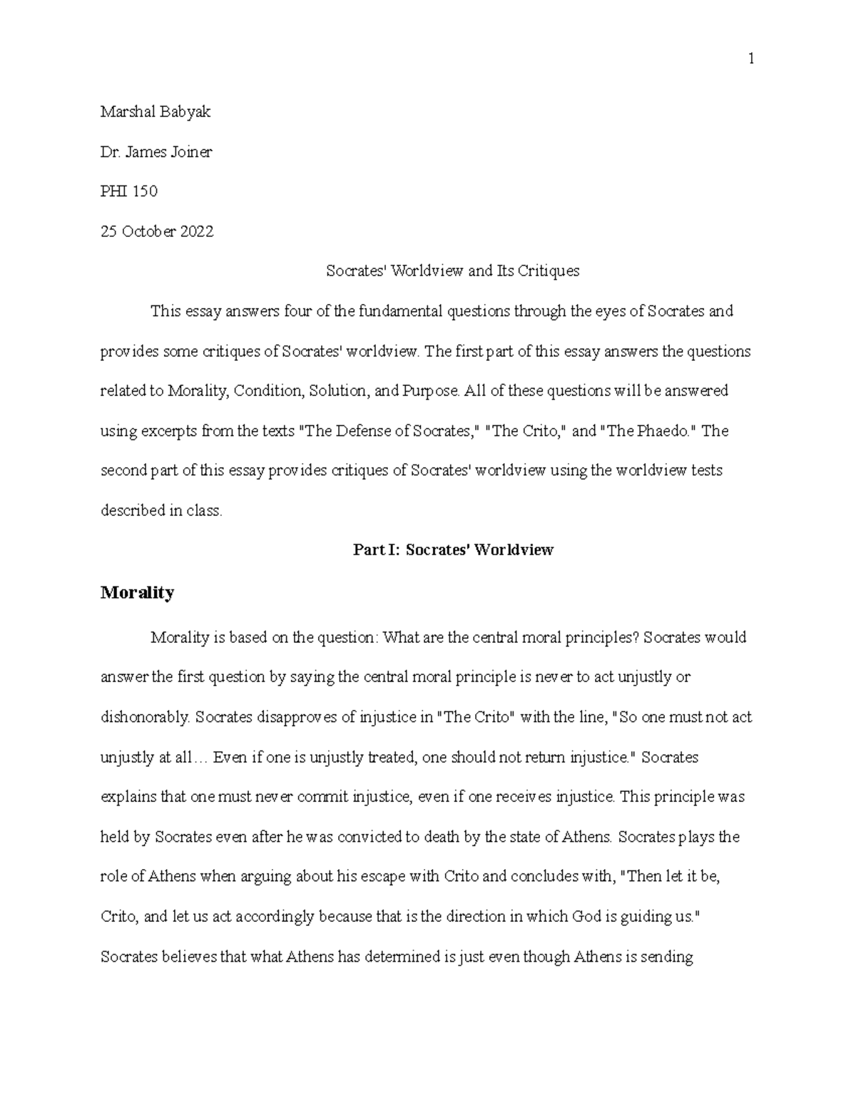 Socrates Paper - Marshal Babyak Dr. James Joiner PHI 150 25 October ...