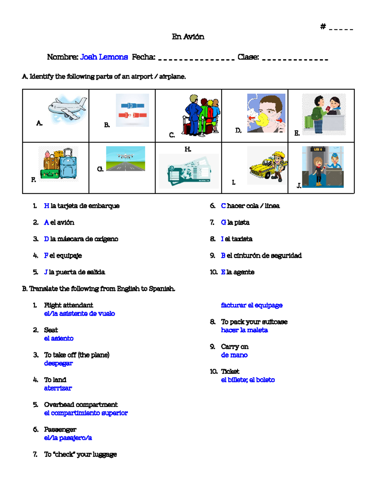 Copy of Worksheet - Plane and Travel - # _____ En Avión Nombre:Josh ...