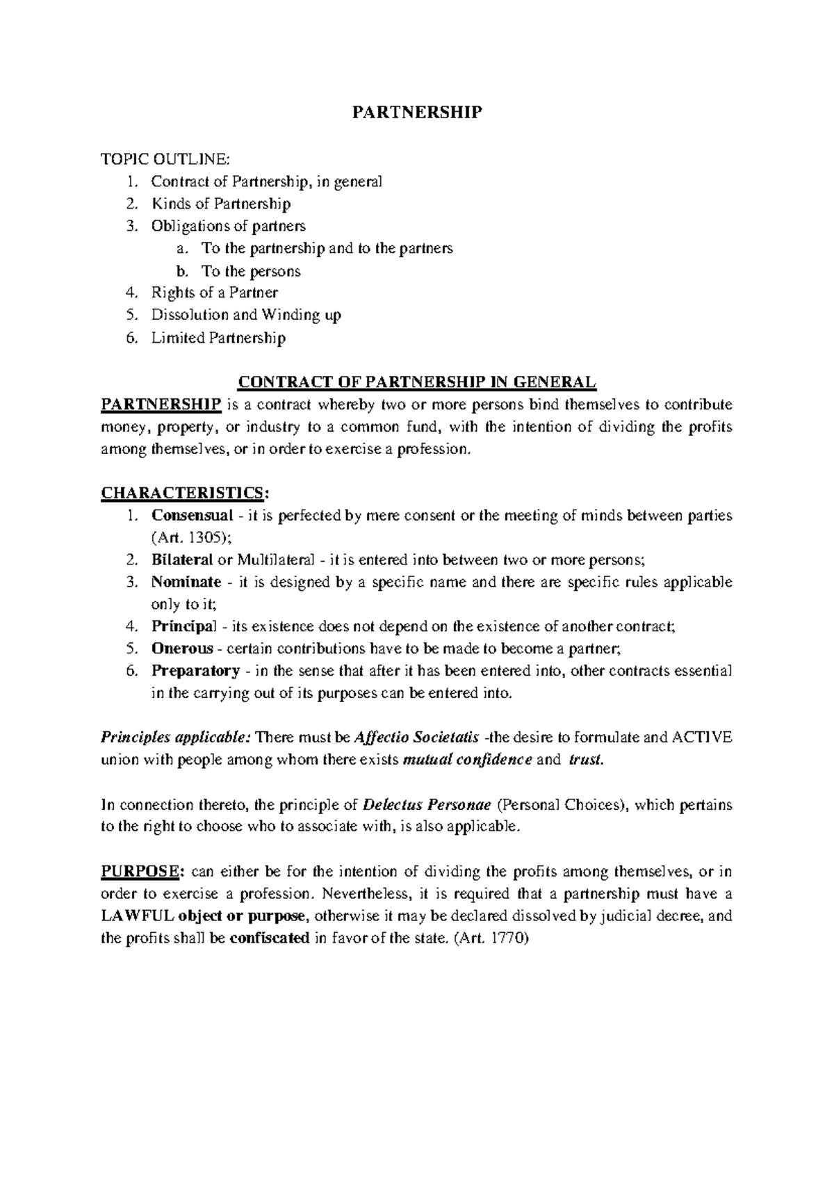 PART 1-LAW - n/a - PARTNERSHIP TOPIC OUTLINE: Contract of Partnership ...