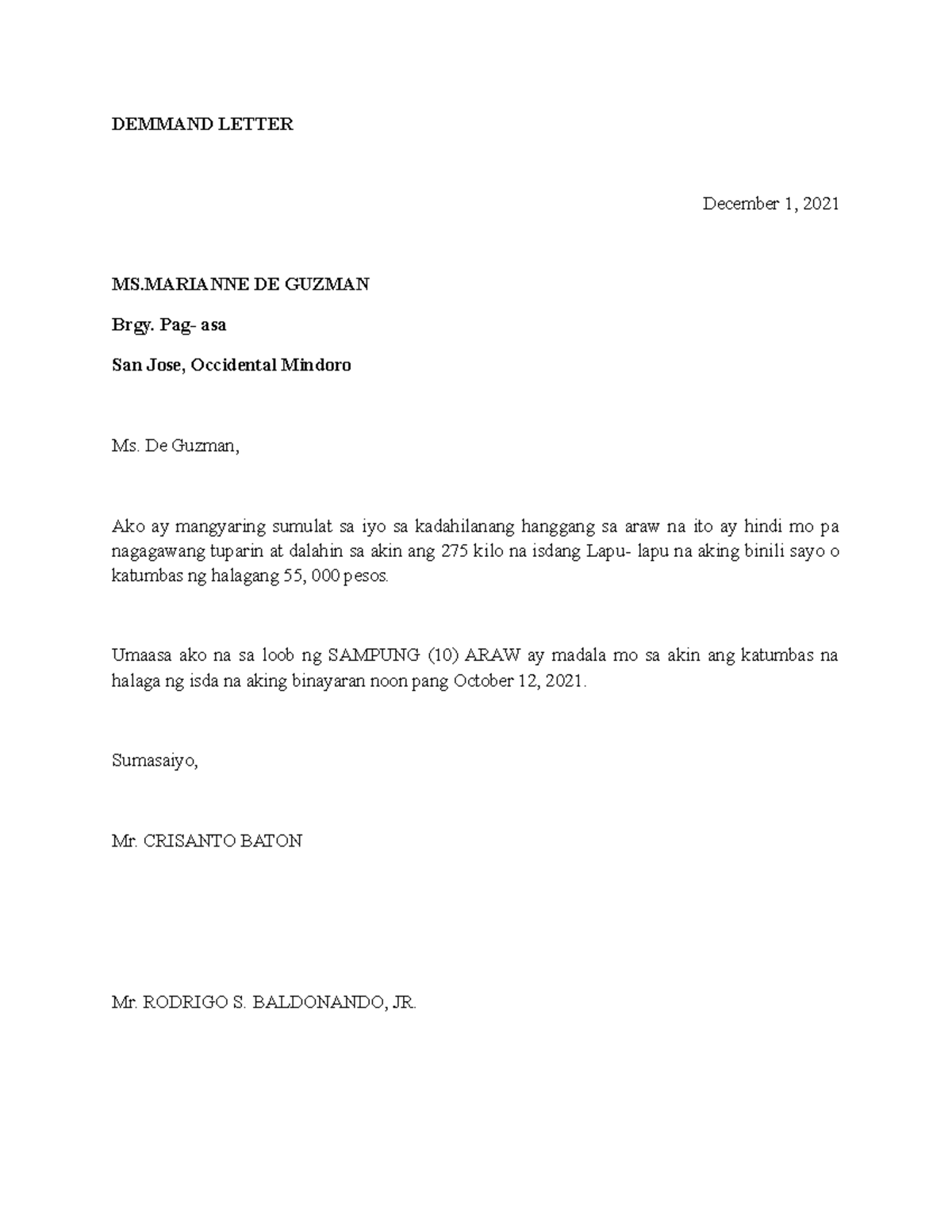 Demmand Letter - ...... - December 1, 2021 MS DE GUZMAN Brgy. Pag ...