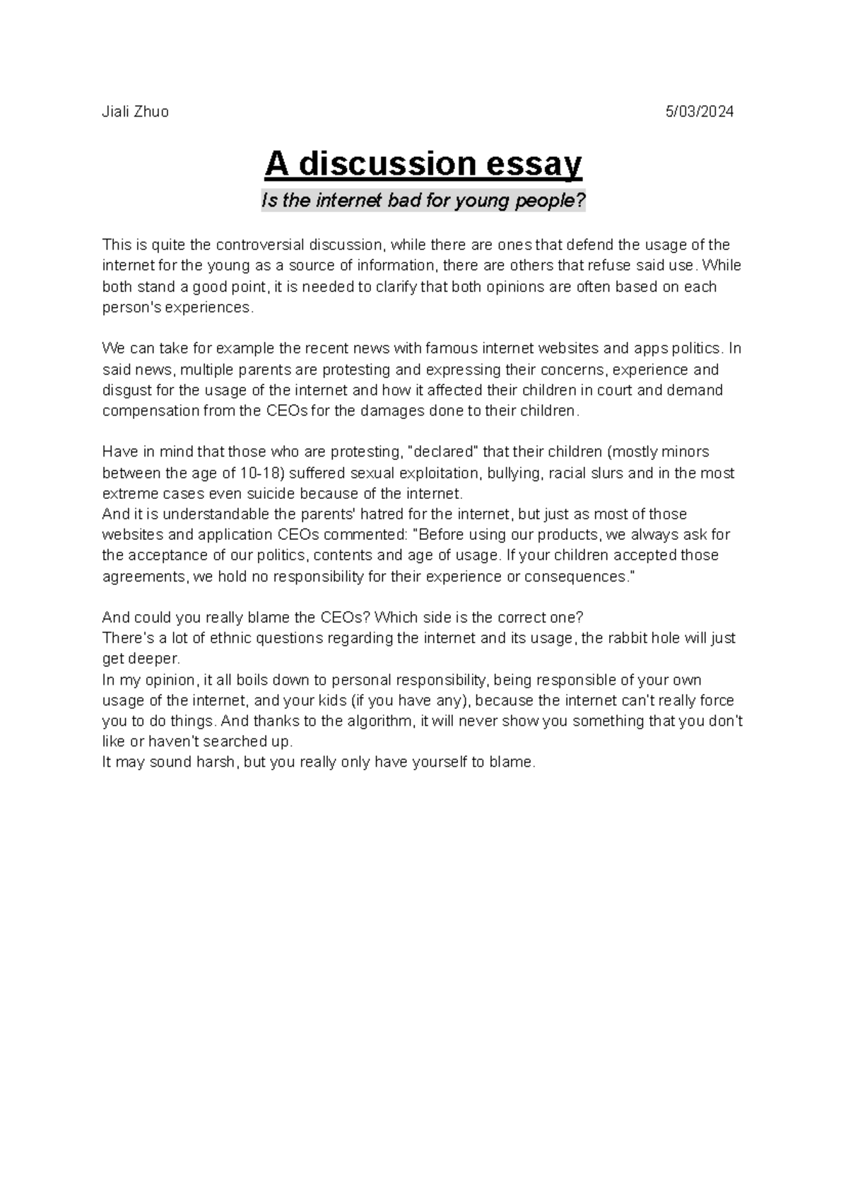 Jiali Zhuo - Writing A discussion essay - Jiali Zhuo 5/03/ A discussion ...