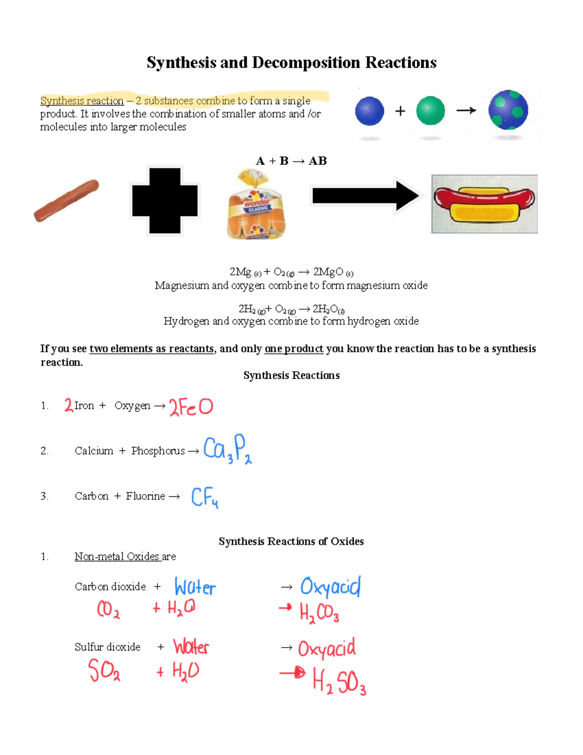 2 - Synthesis and Decomposition Notes and Worksheets - Synthesis and ...